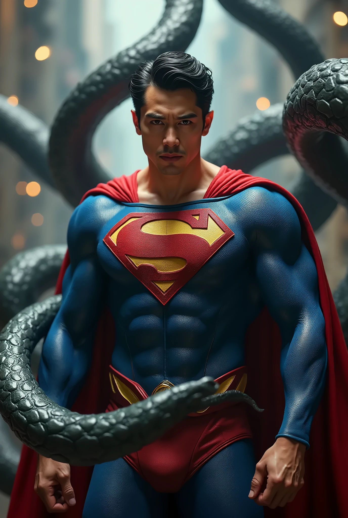 Superman statue with a snake wrapped around his neck - SeaArt AI