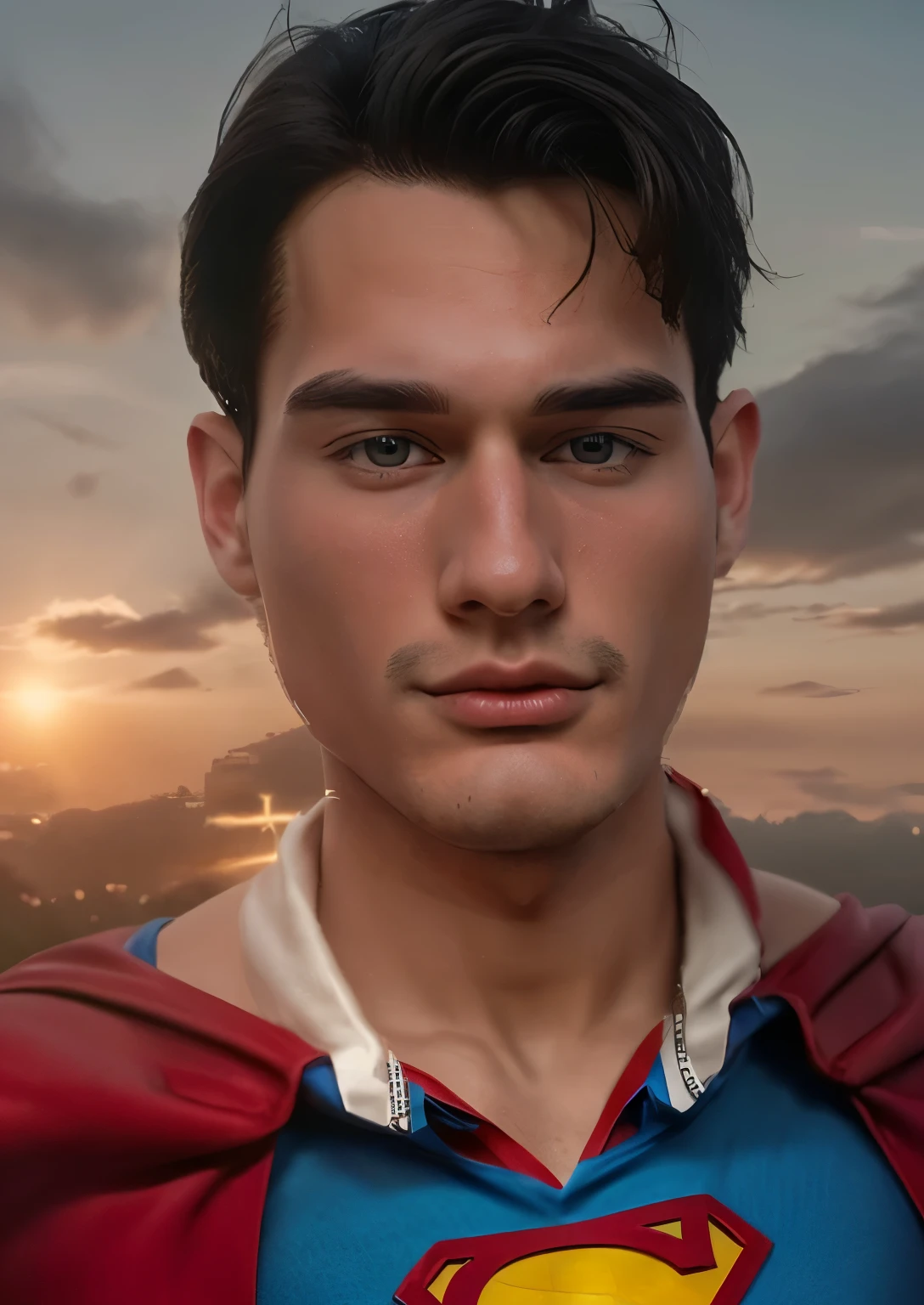 A close up of a man in a superman costume with a sunset in the ...