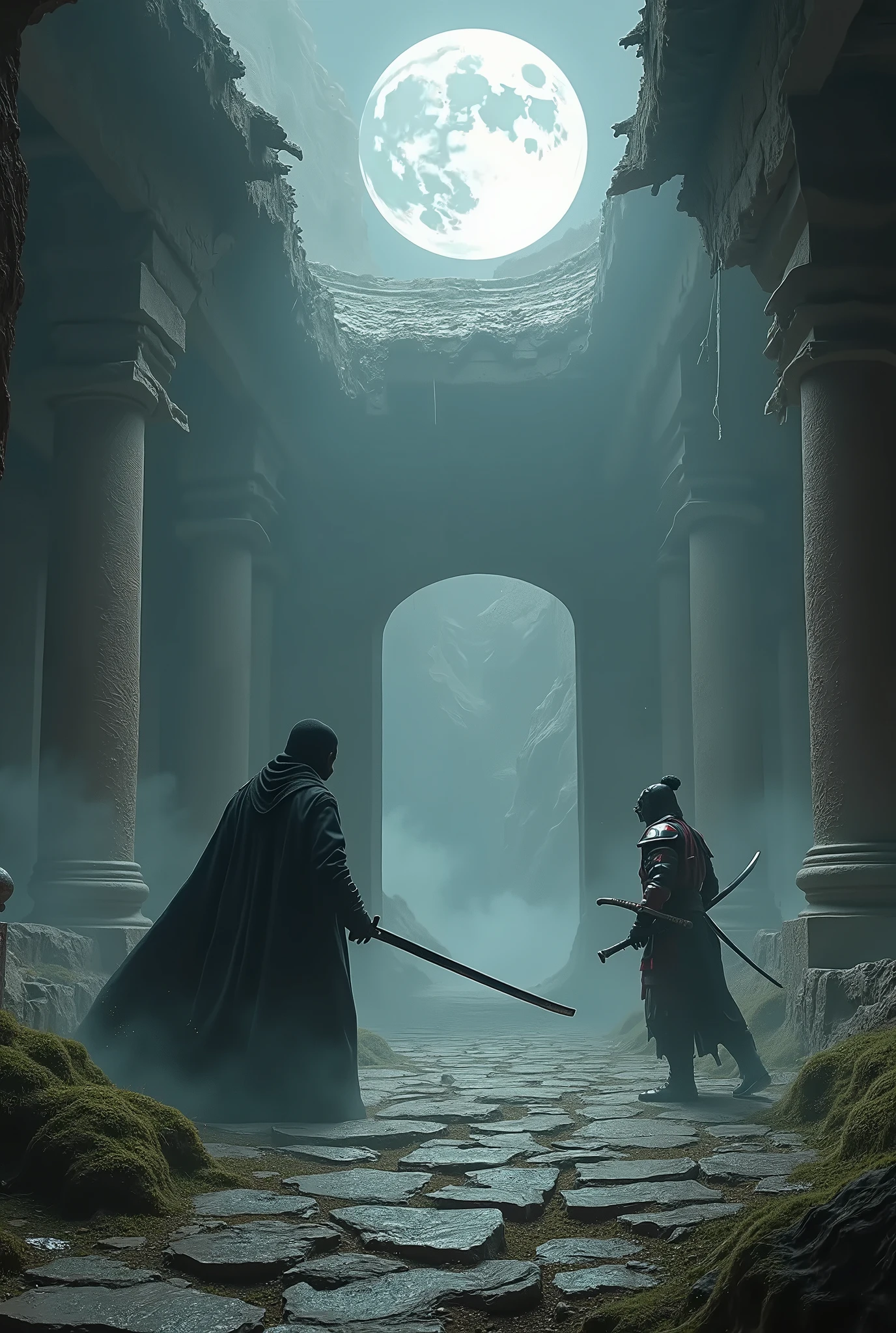 There are two men in full armor standing in a dark room - SeaArt AI