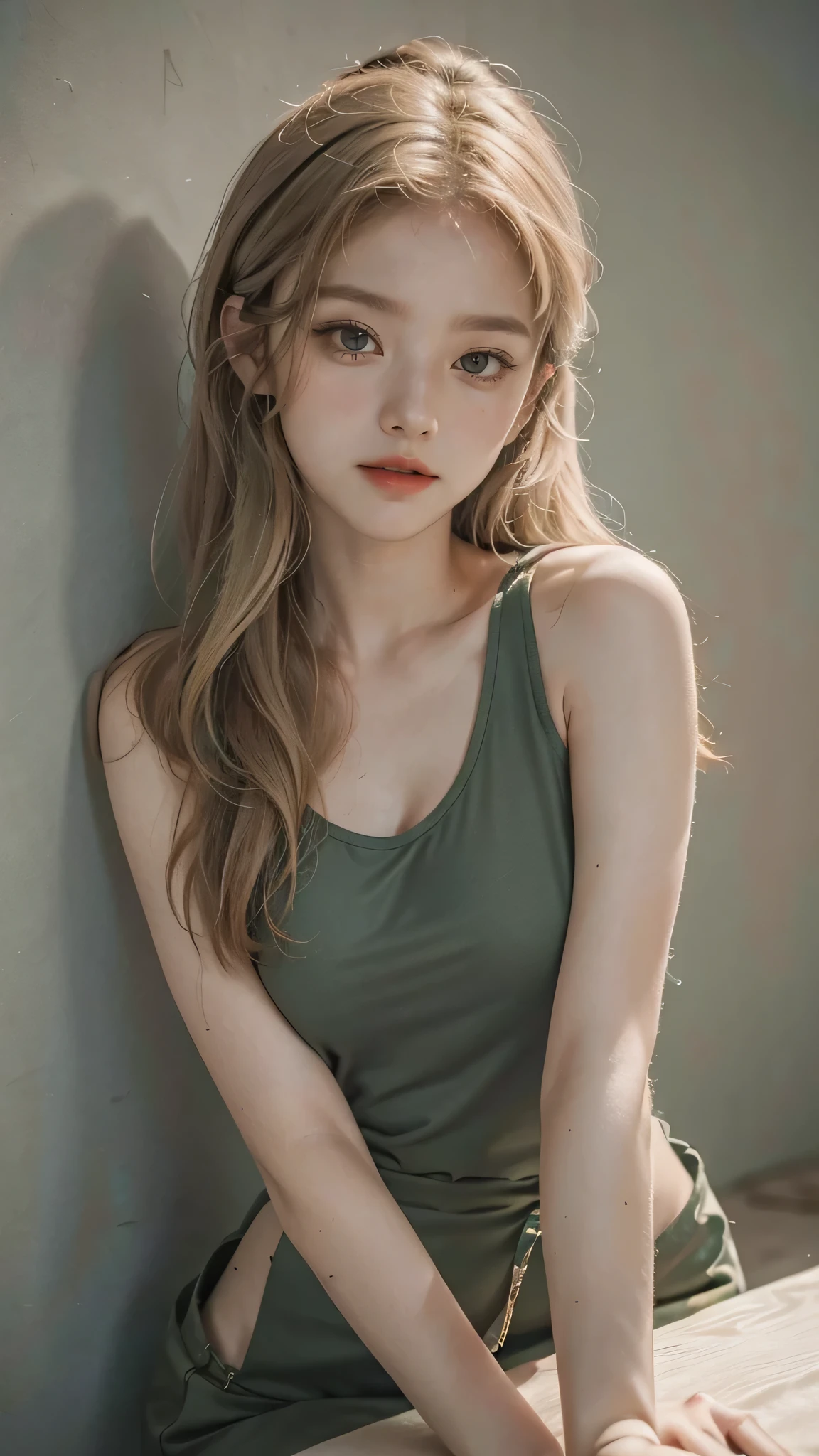 A woman in a green dress sitting on a table - SeaArt AI