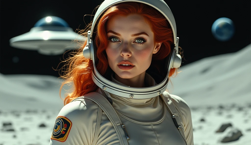 UFO 1970s very sexy redhead woman dressed as an astronaut on the moon - SeaArt AI
