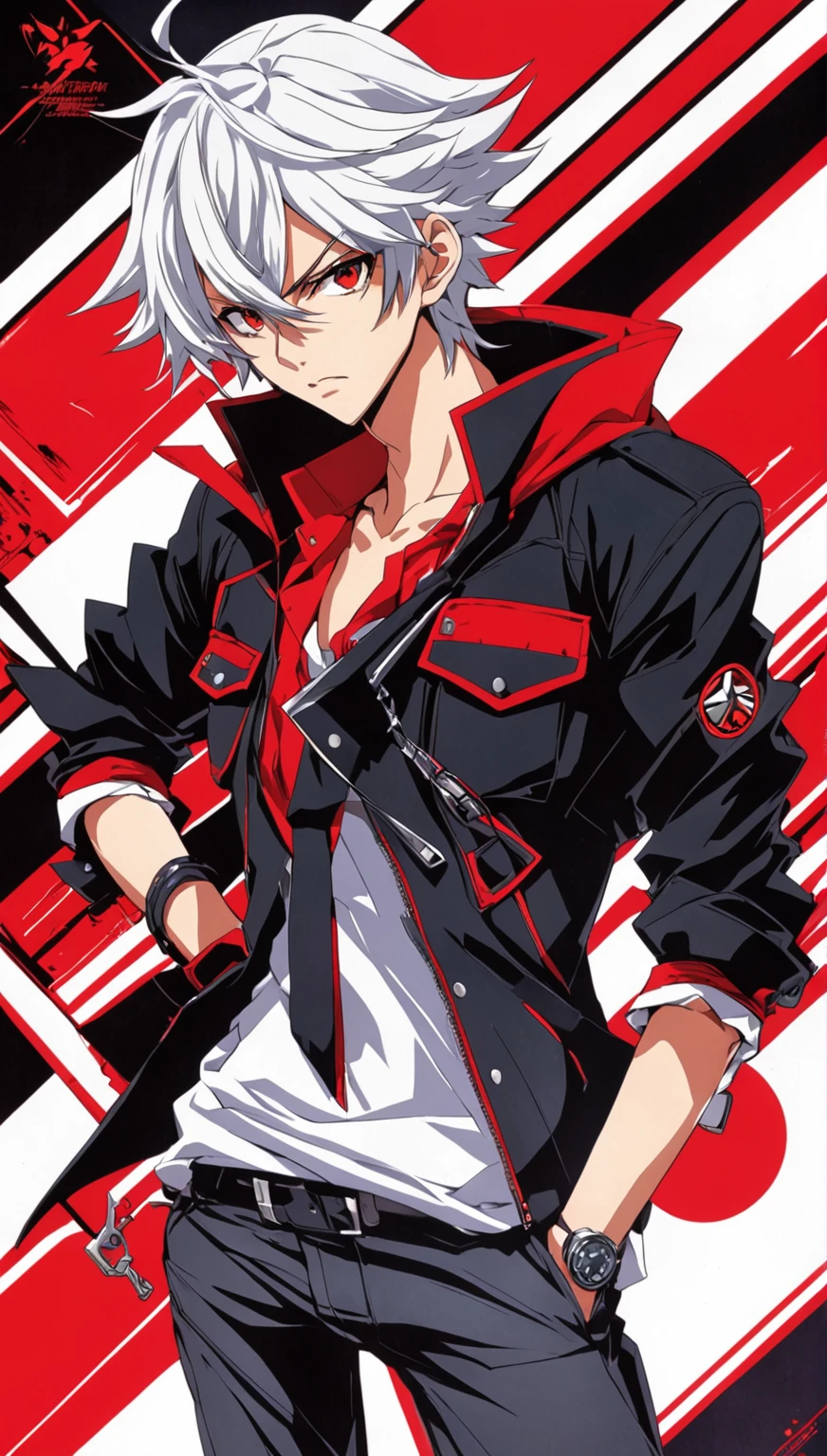 Anime character with white hair and black jacket holding a knife ...
