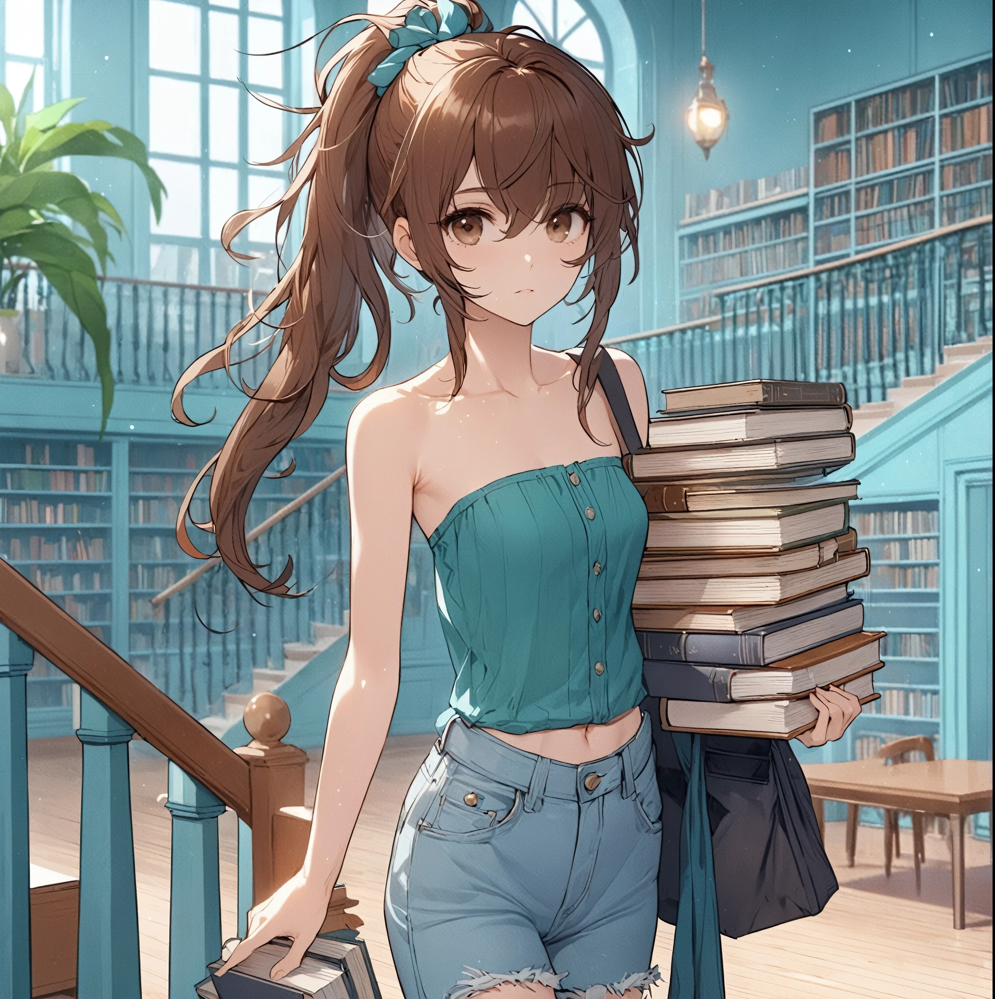 Anime girl with a stack of books in her hand - SeaArt AI