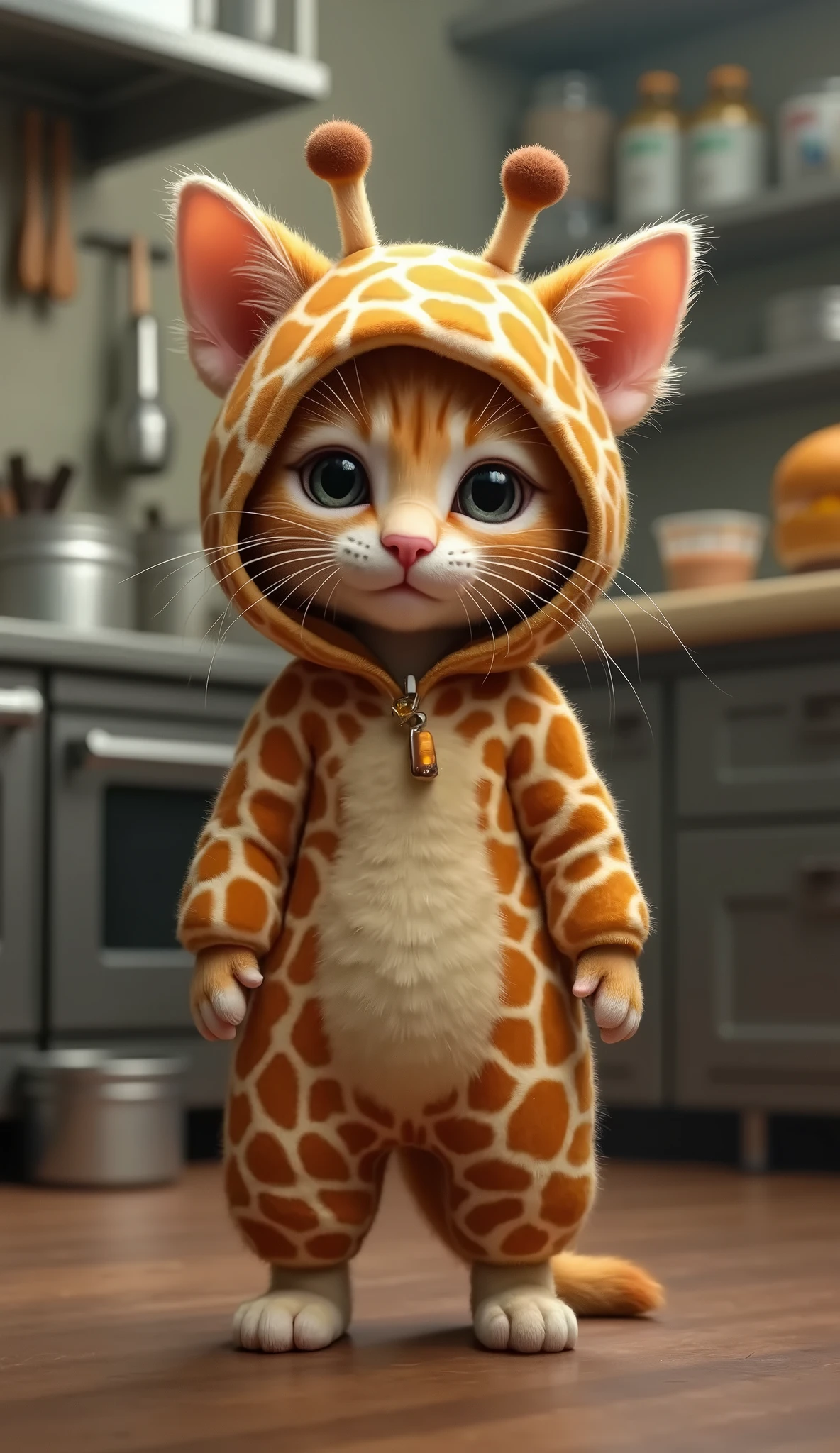 There is a cat wearing a giraffe costume standing on a kitchen floor ...