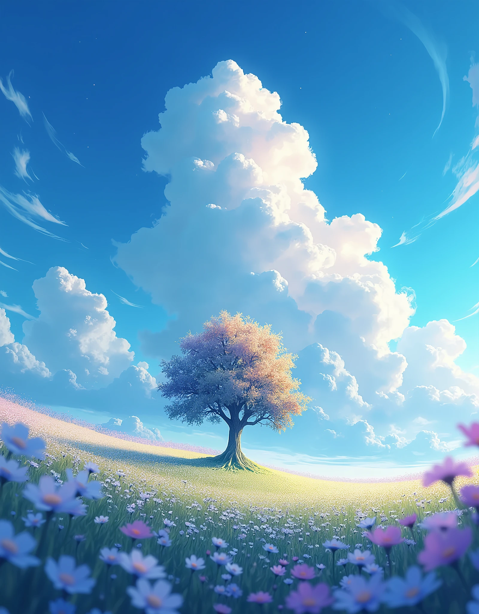 There is a tree in the middle of a field with flowers - SeaArt AI