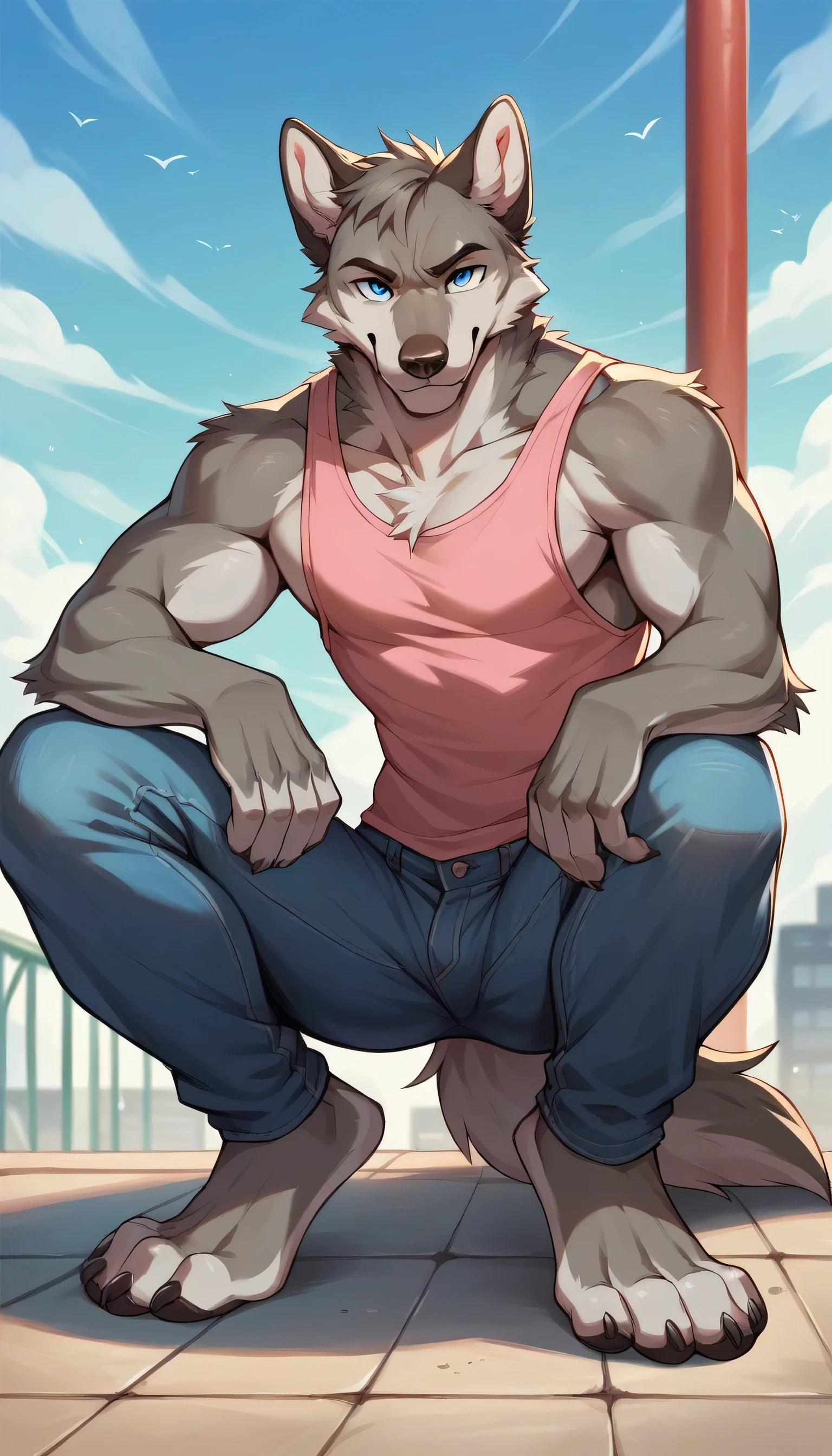 A cartoon wolf with a pink shirt and jeans sitting on a ledge - SeaArt AI