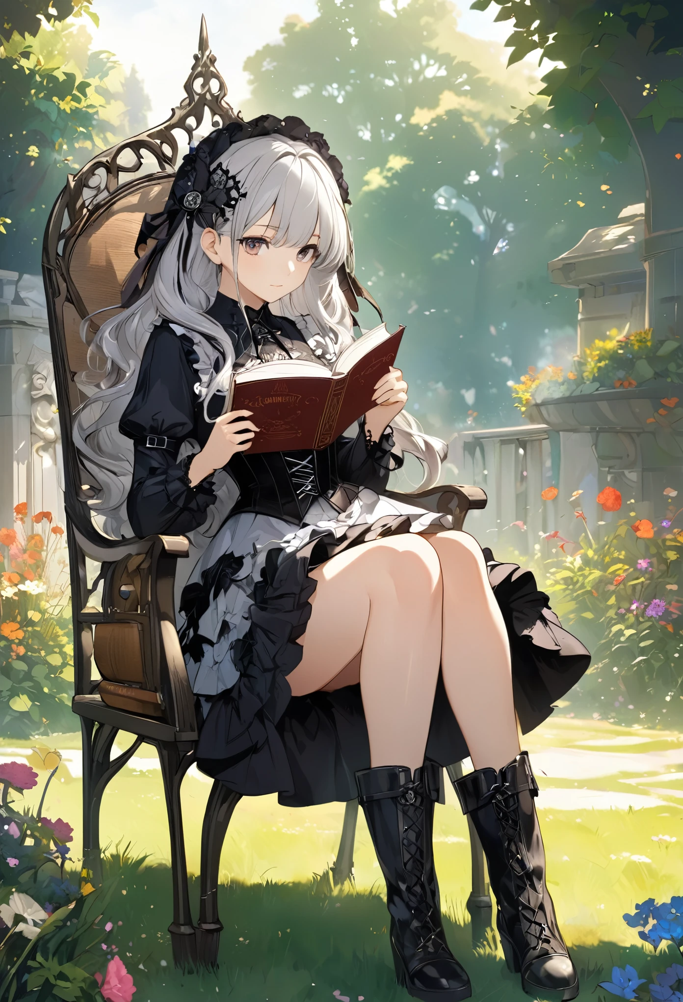 A woman sitting in a chair reading a book in a garden - SeaArt AI