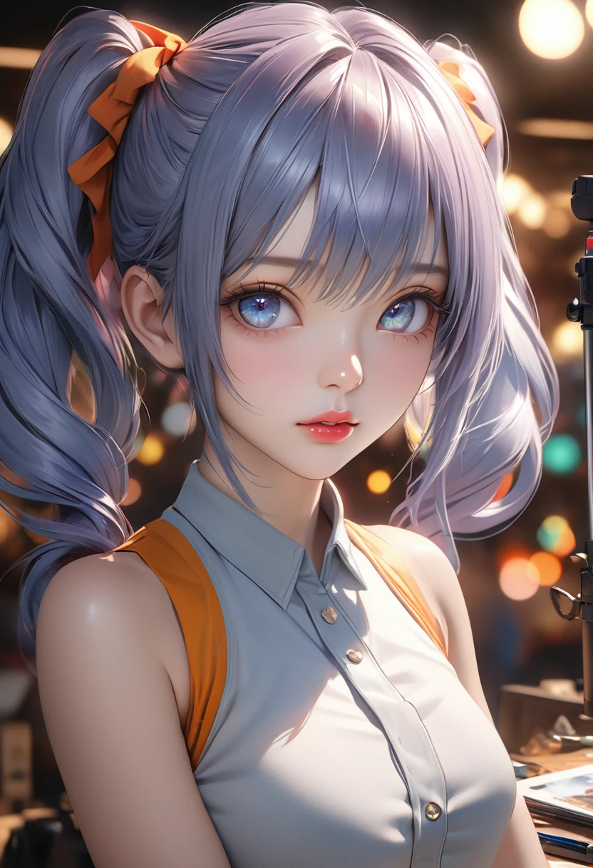 A beautiful detailed anime girl with twin tails and sleeveless outfit ...