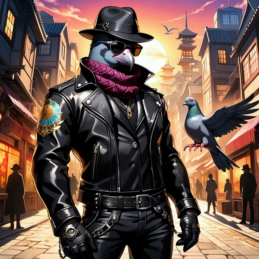 Japanese manga anime style, an extremely badass pigeon wearing an ...