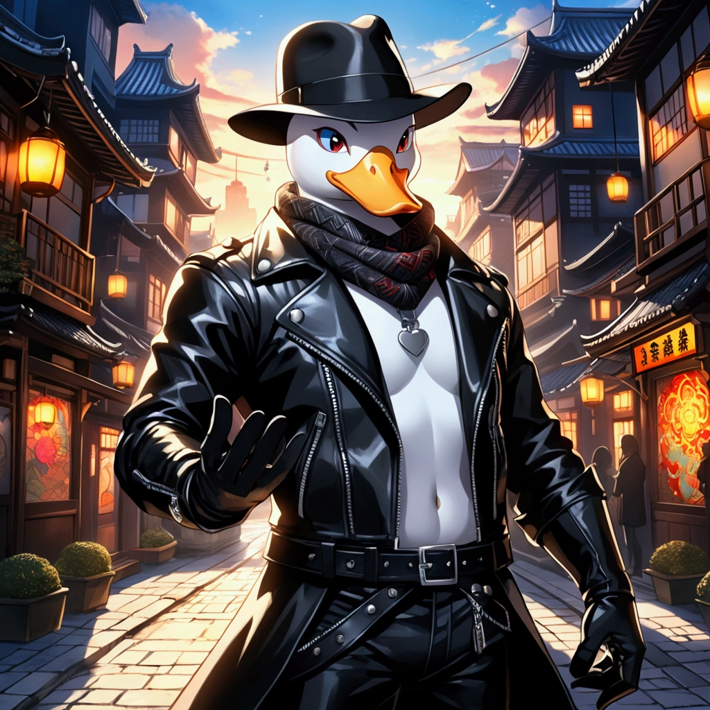 Japanese manga anime style, an extremely badass white duck wearing an ...
