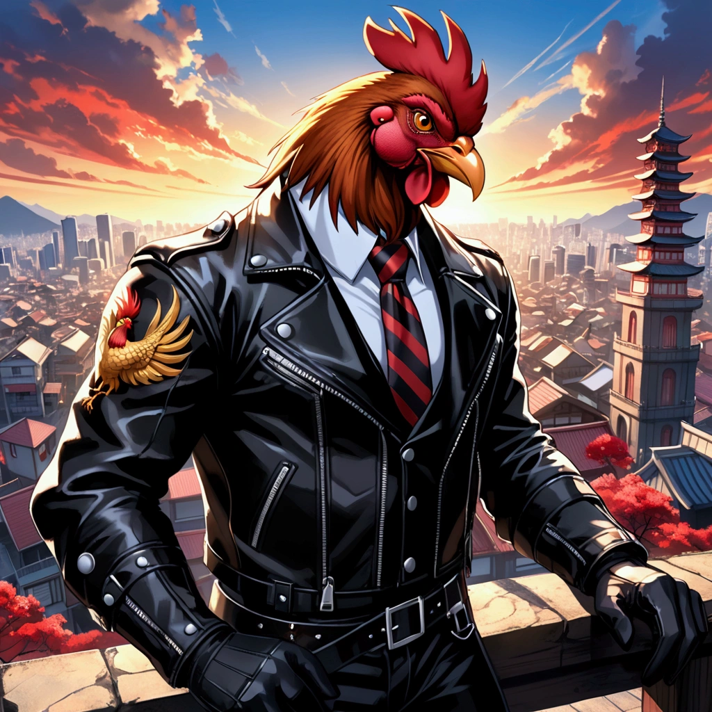 Japanese manga anime style, an extremely badass brown rooster wearing ...