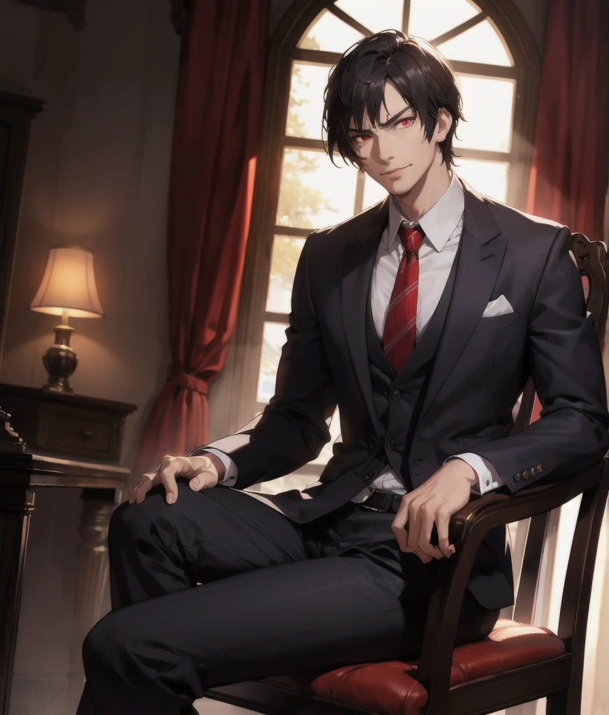 Tall angry man in a suit, Sit on a chair, Pants bulge, Low angle shot ...