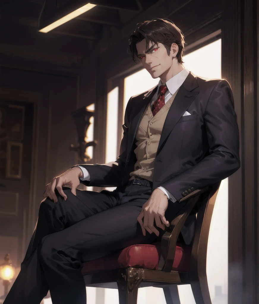 Tall angry man in a suit, Sit on a chair, Pants bulge, Low angle shot ...