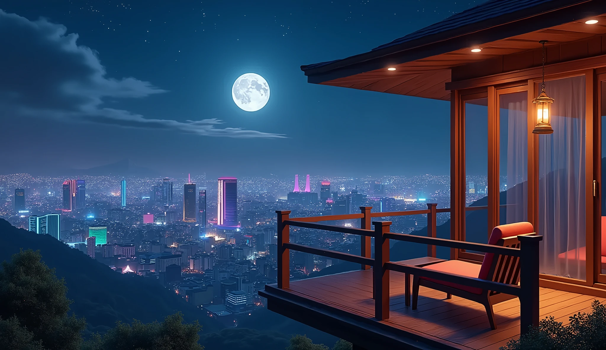 Nighttime view of a balcony with a chair and a view of a city - SeaArt AI