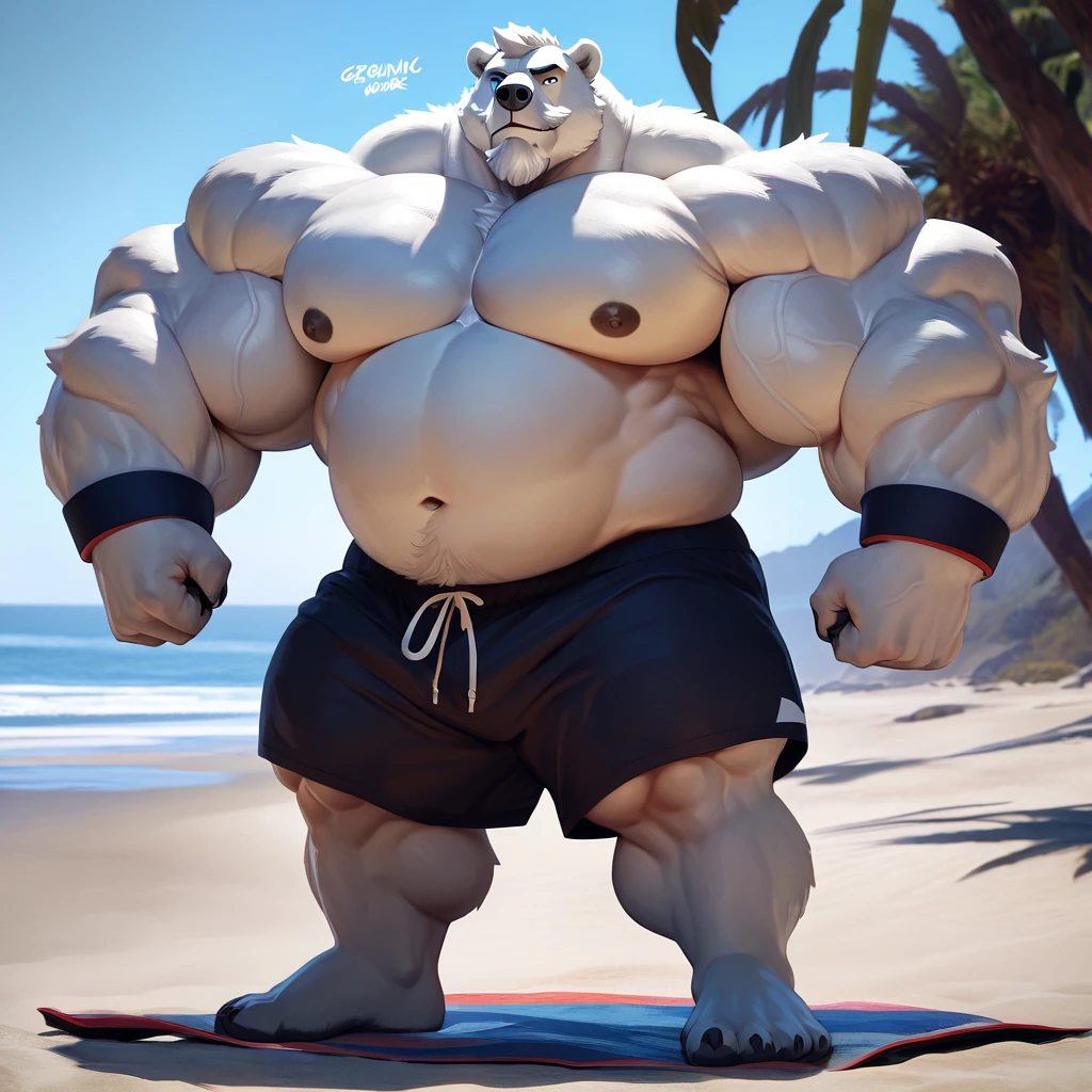 Huge bulked up muscular polar bear in Californian beach, big grunting ...