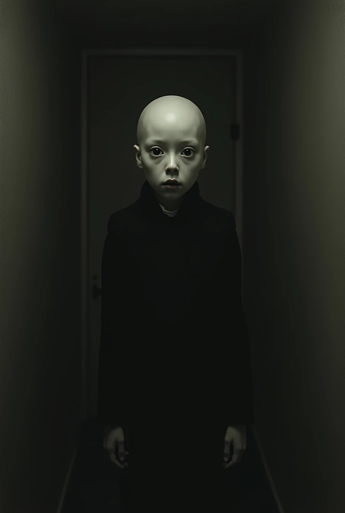 Full length view. looking out from the darkness, porcelain face and ...