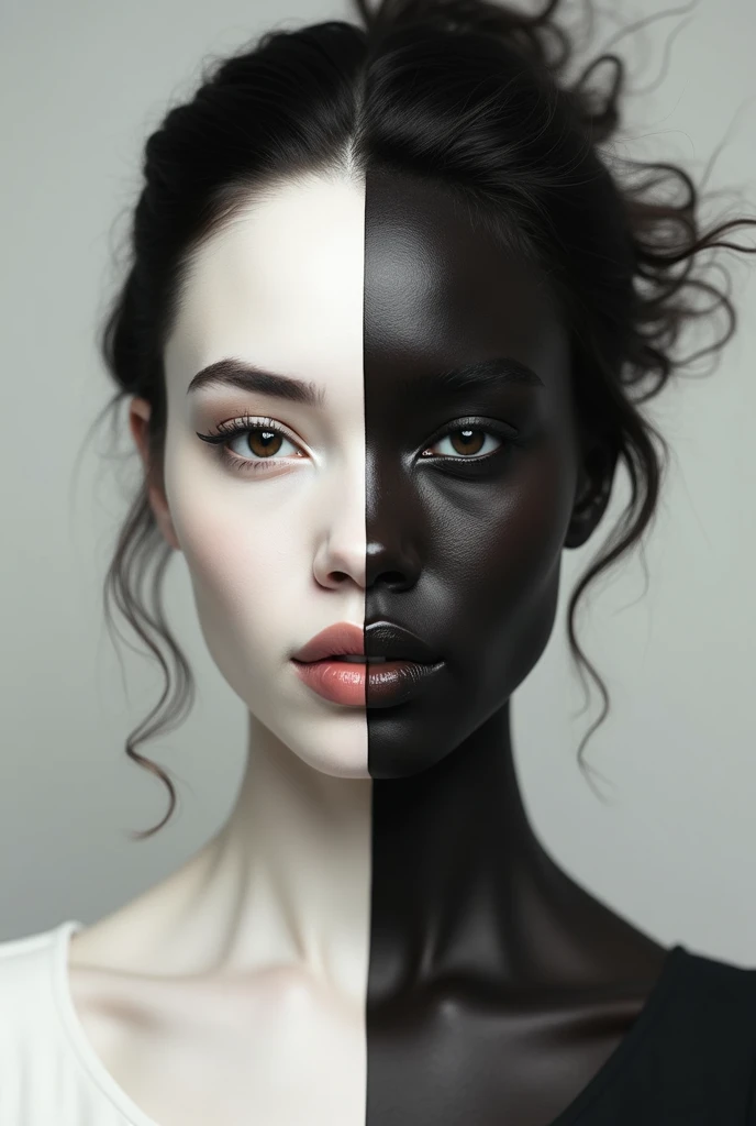 A woman with two skin colors. on the left half of his body, white skin ...