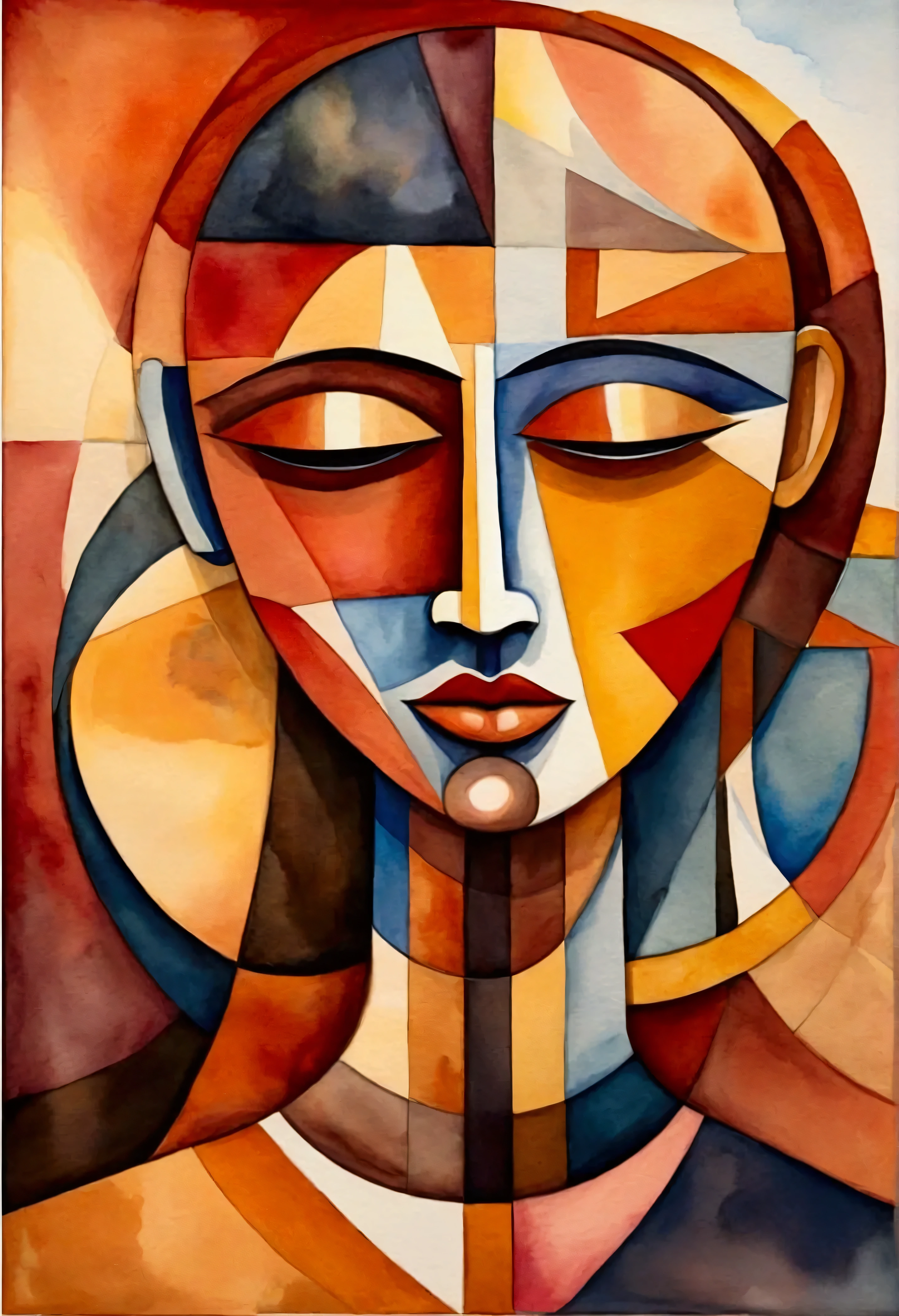 Painting of a woman with a geometric face and a cross on her forehead ...