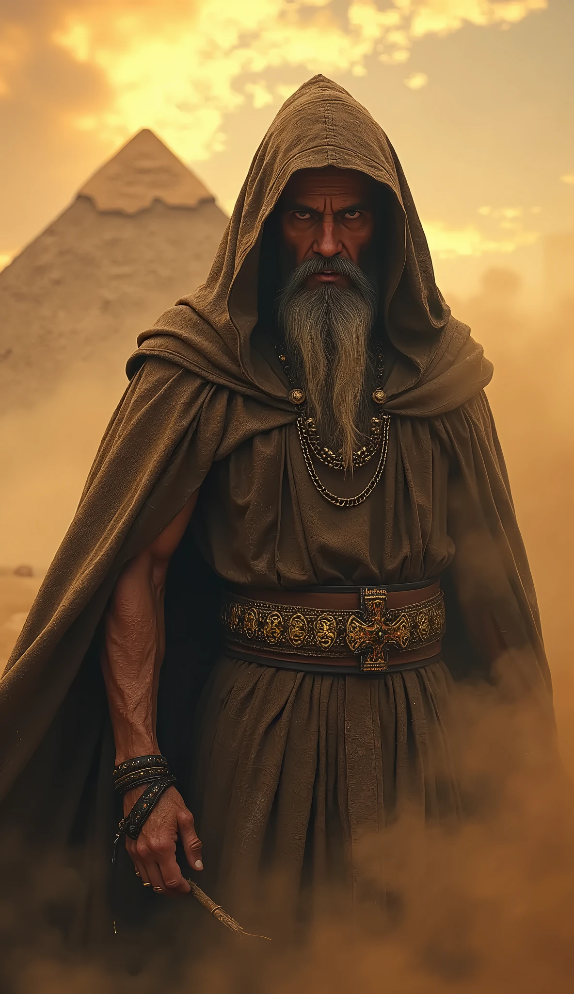 Arafed man in a cloak and cape standing in front of a pyramid - SeaArt AI