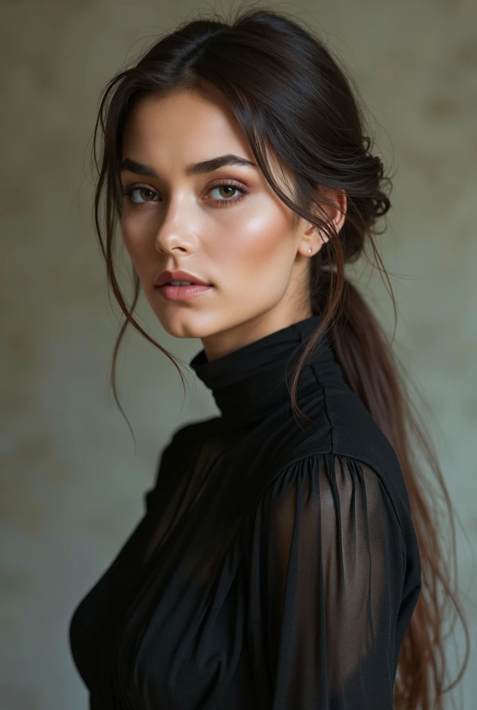 Make an image: a young woman, Noble, long straight dark brown hair ...