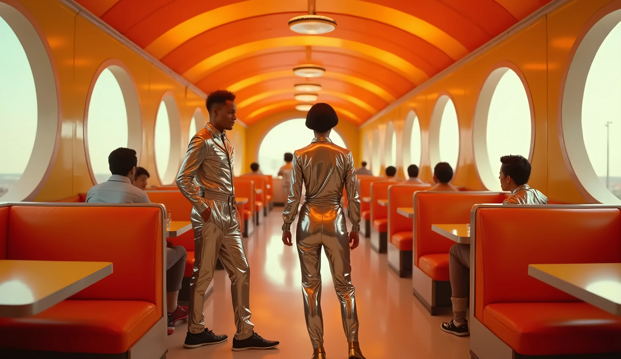 There are two people in a restaurant with orange booths - SeaArt AI