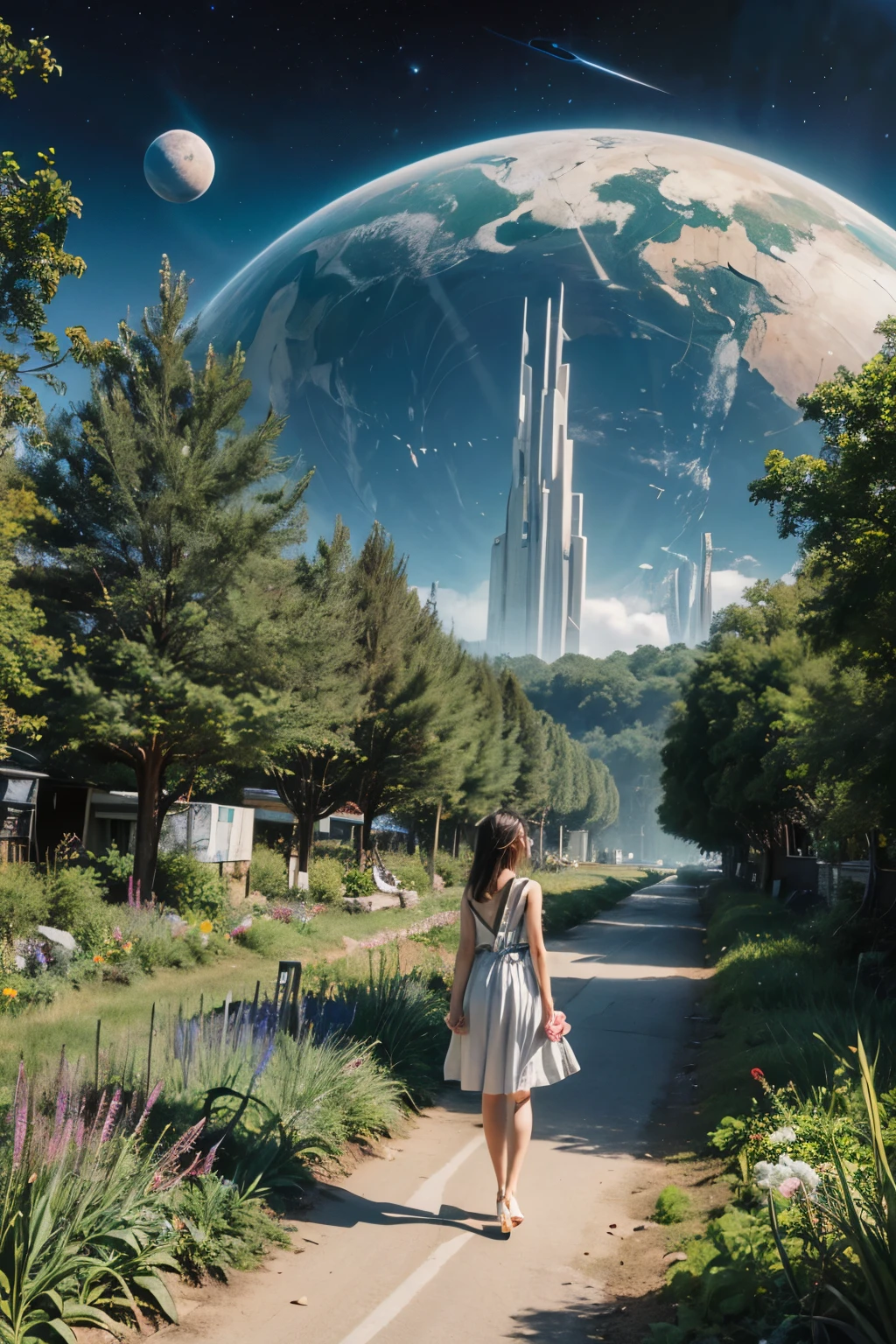 A woman walking down a road towards a planet with a sky background ...