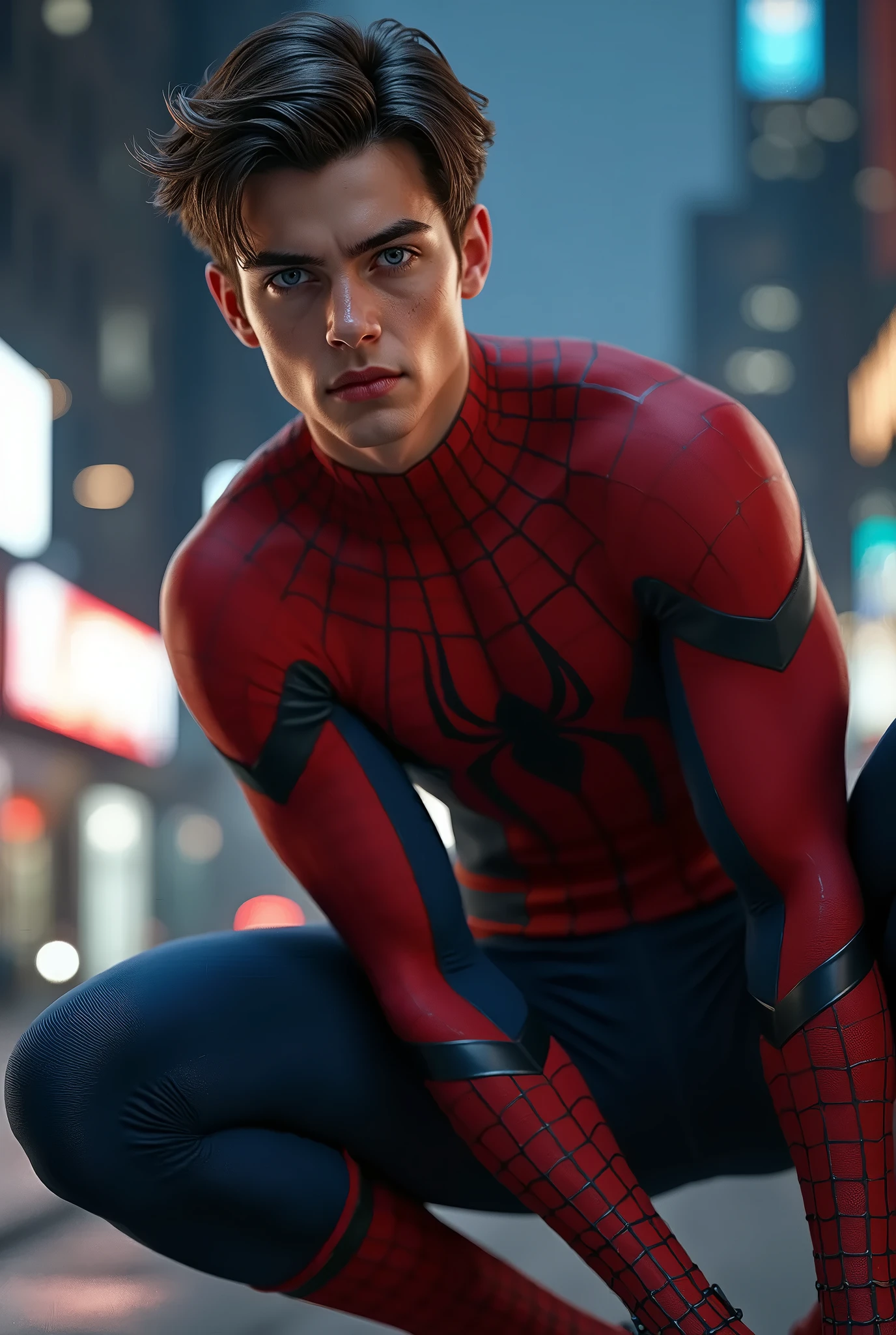 Spider - man poses for a photo in a city at night - SeaArt AI