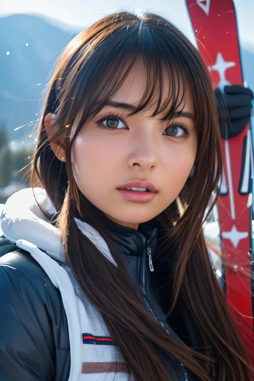 Arafed asian woman with long hair and a jacket holding a pair of skis ...