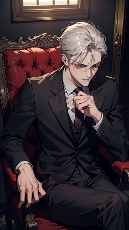 Tall angry man in a suit, Sit on a chair, Pants bulge, Low angle shot ...