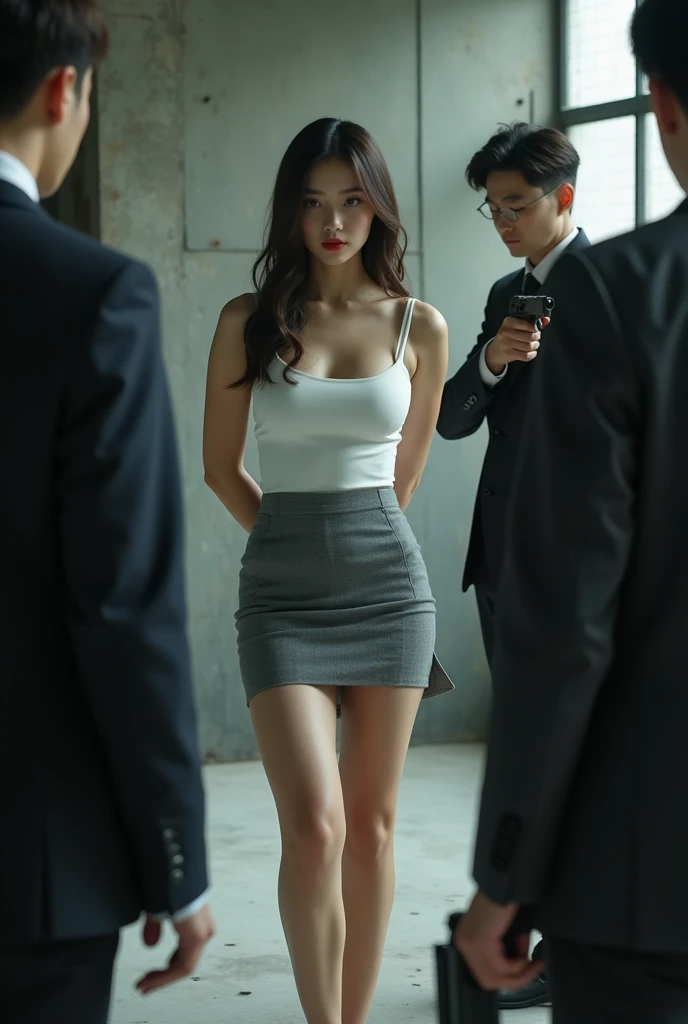 The woman leaned against the desk、A woman is surrounded by multiple ...