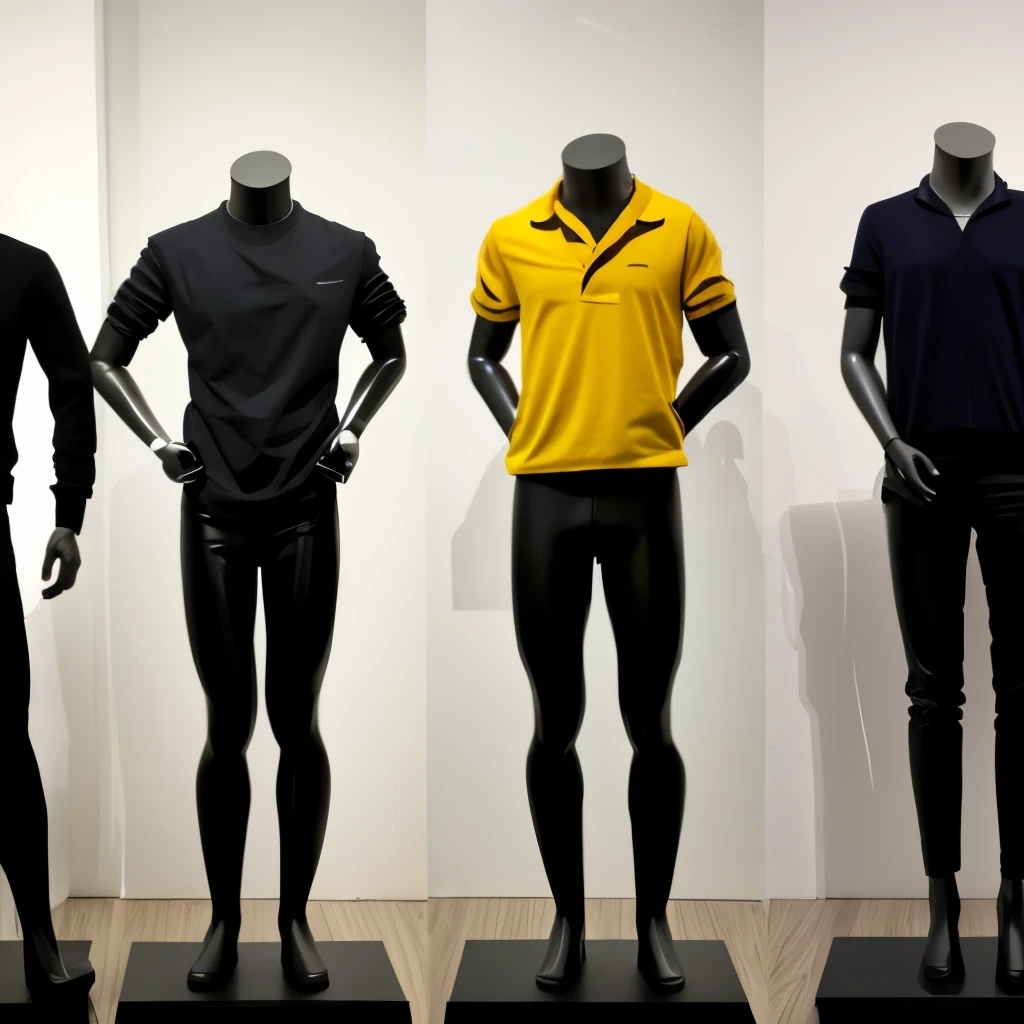Three mannequins in different colors of clothing on display - SeaArt AI