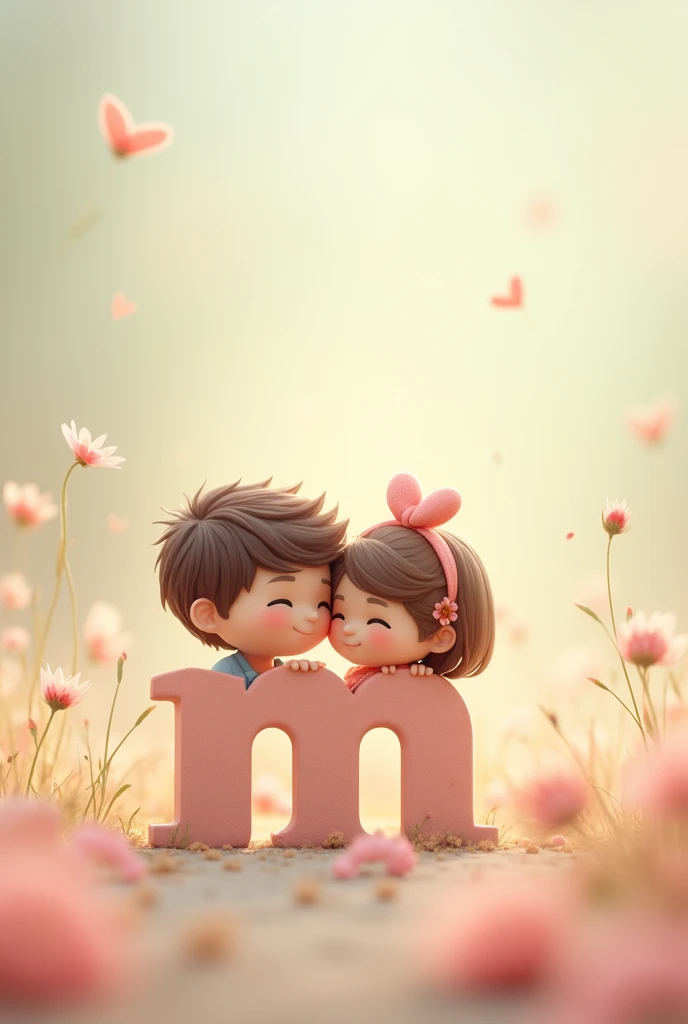 Generate the small letter "m" can near which a cute couple is leaning ...