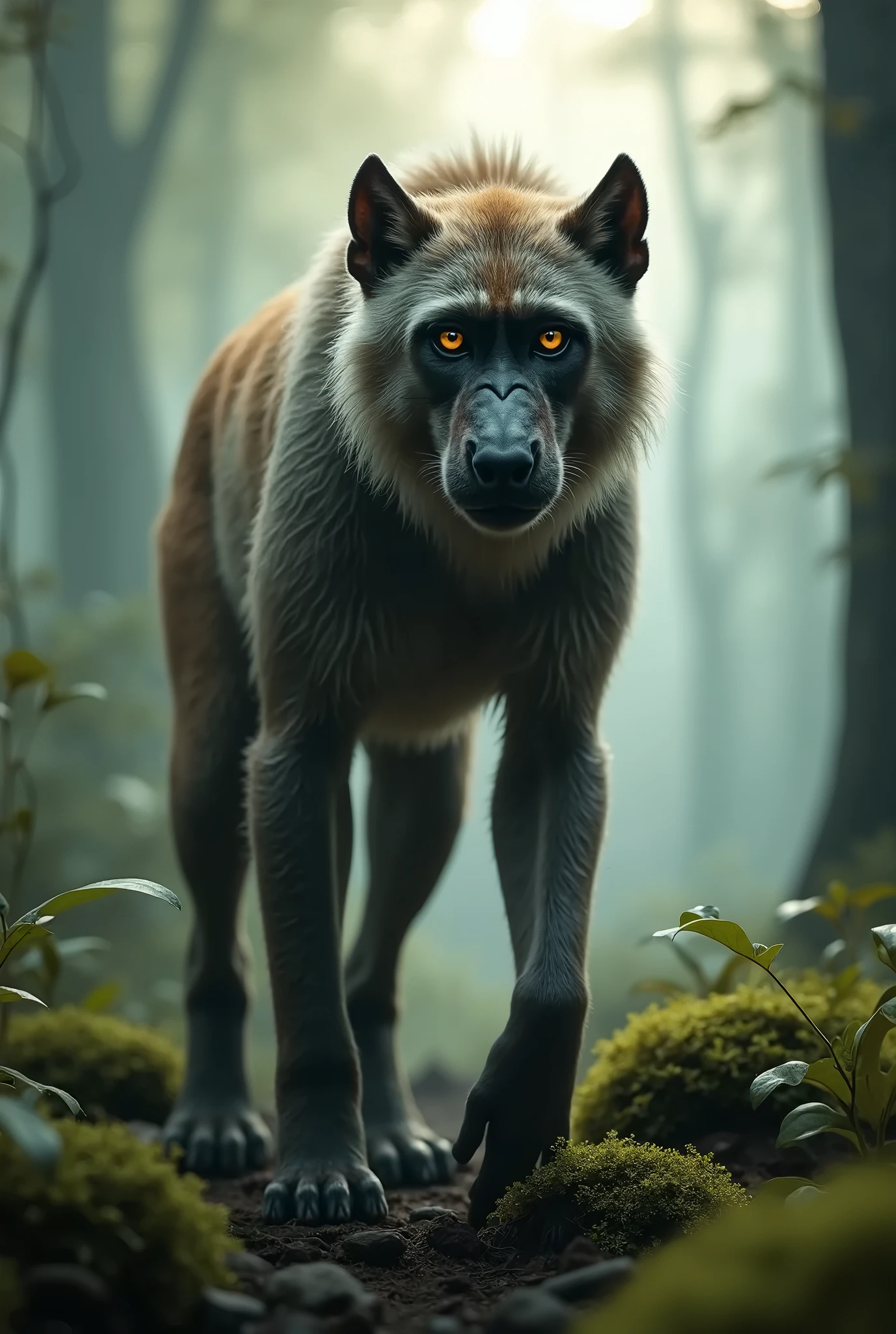 There is a monkey walking in the woods with a big smile on its face ...