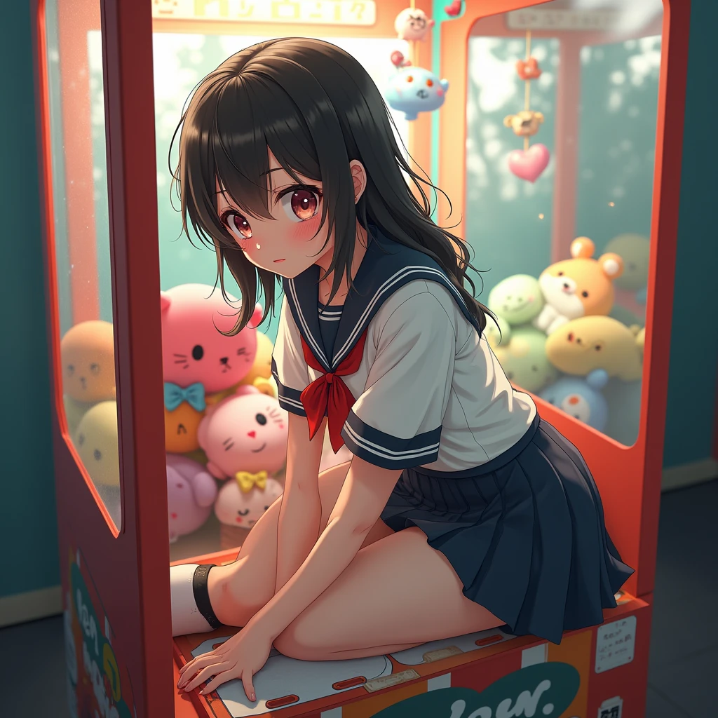 Sexy JK becomes a prize in a crane game, Trapped in Game machine - SeaArt AI