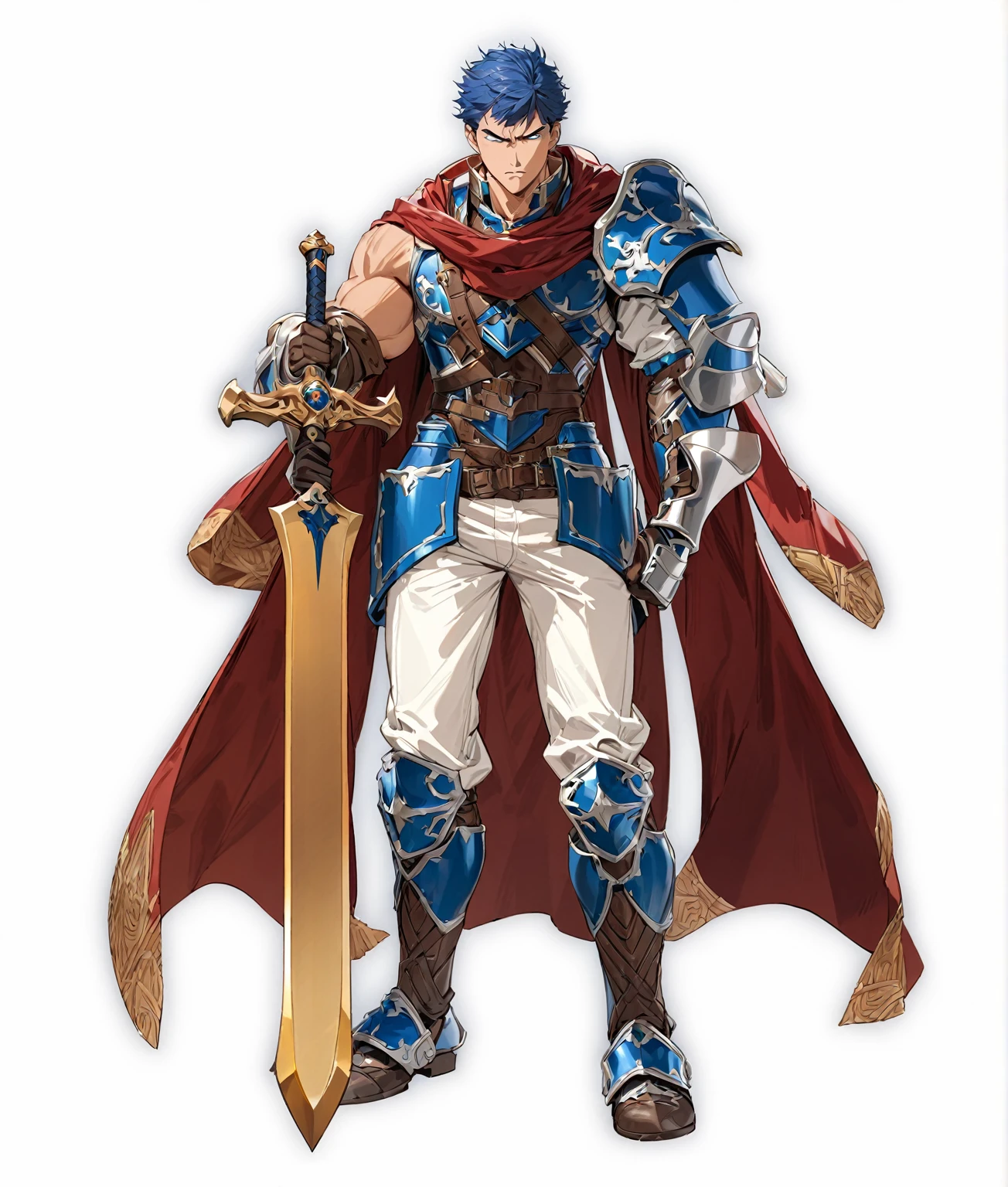 (Fire Emblem style) (detailed and Powerful), (a blue hair bery short ...