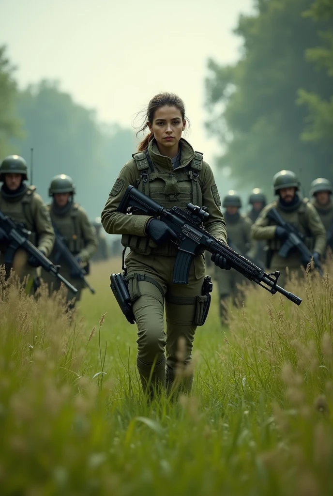 Female soldier lost in the meadow se choca with enemy army platoon ...