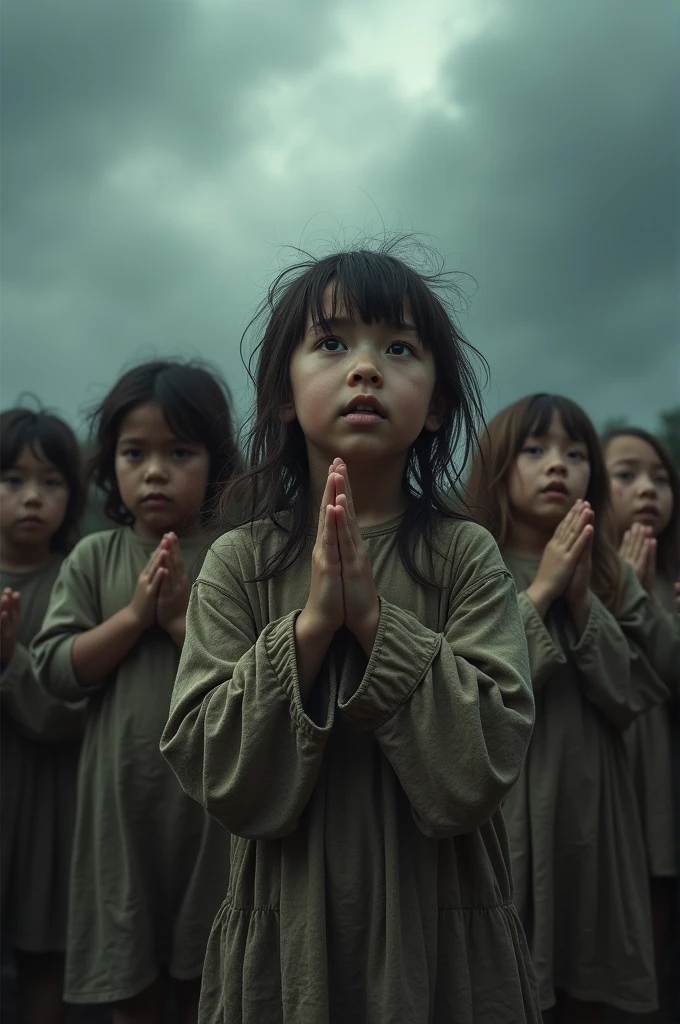 Children praying in old clothes, gray sky, dramatic scenario - SeaArt AI