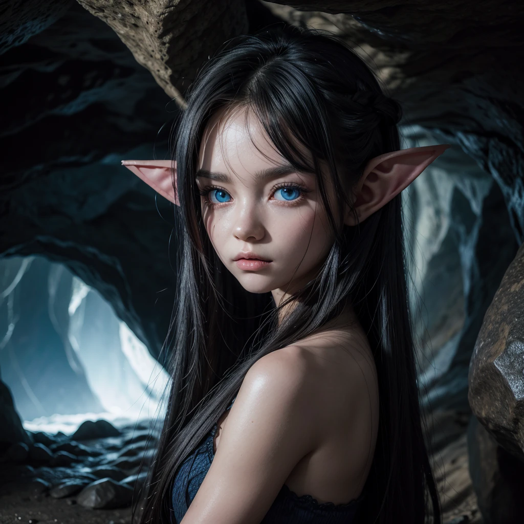 Humanoid creature, elf ears, blue eyes, long black hair, inside a cave ...