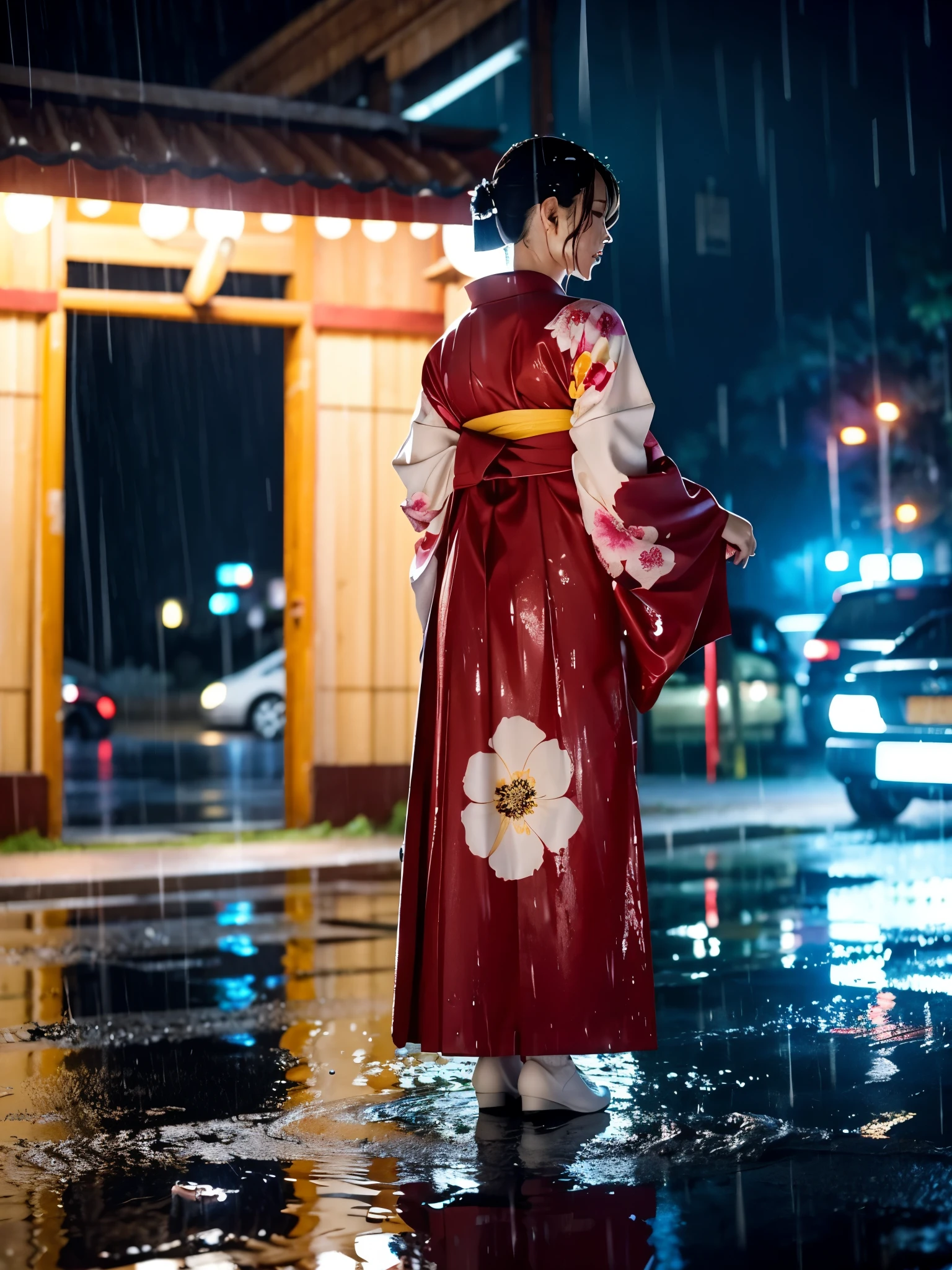 Woman in kimono standing in the rain in front of a building - SeaArt AI