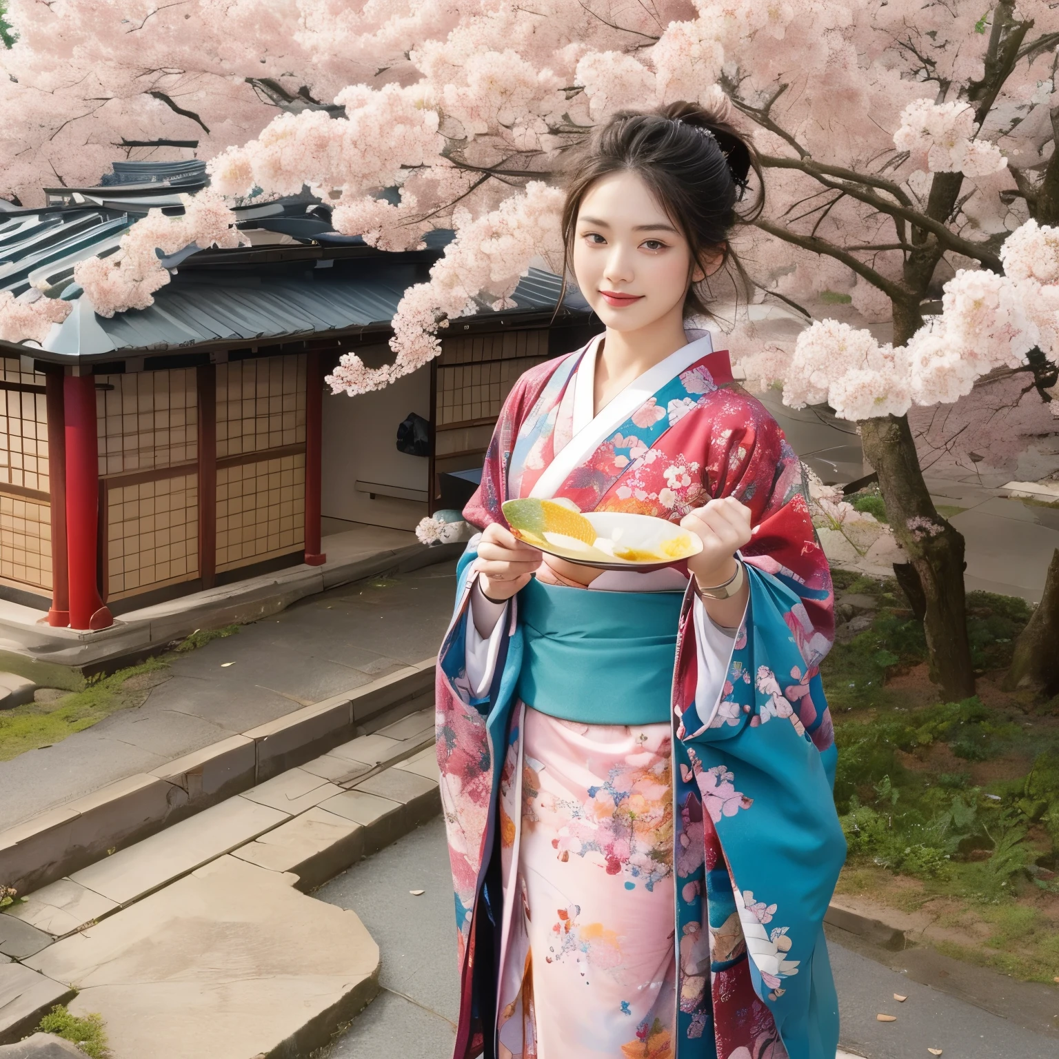 Woman in traditional kimono dress holding a plate of food - SeaArt AI