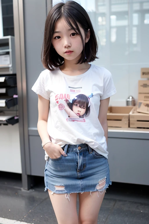 Very small girl , wearing a plain t-shirt and mini skirt, her skin is ...