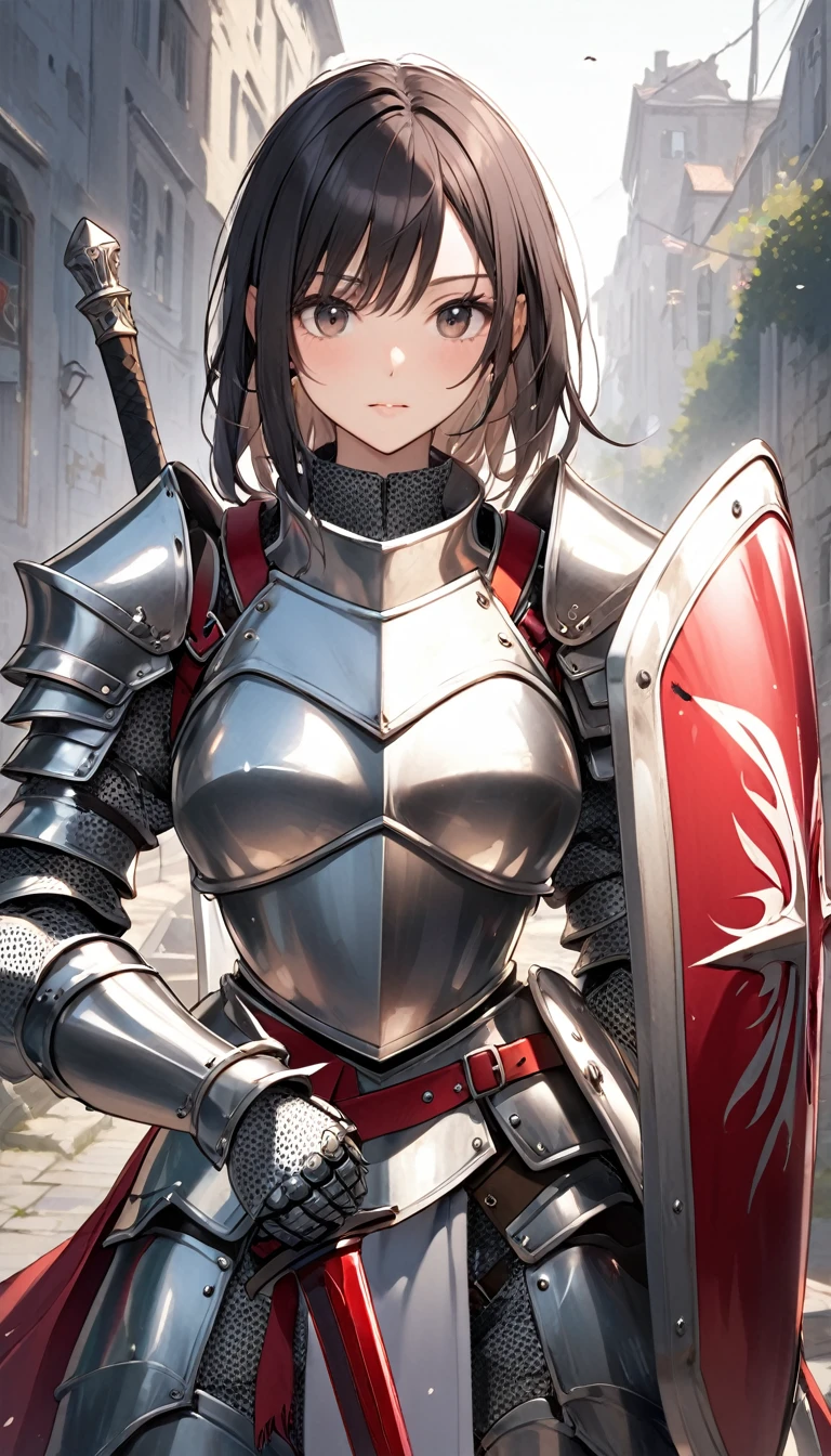 A female knight in shiny metal armor holding a sword and shield - SeaArt AI