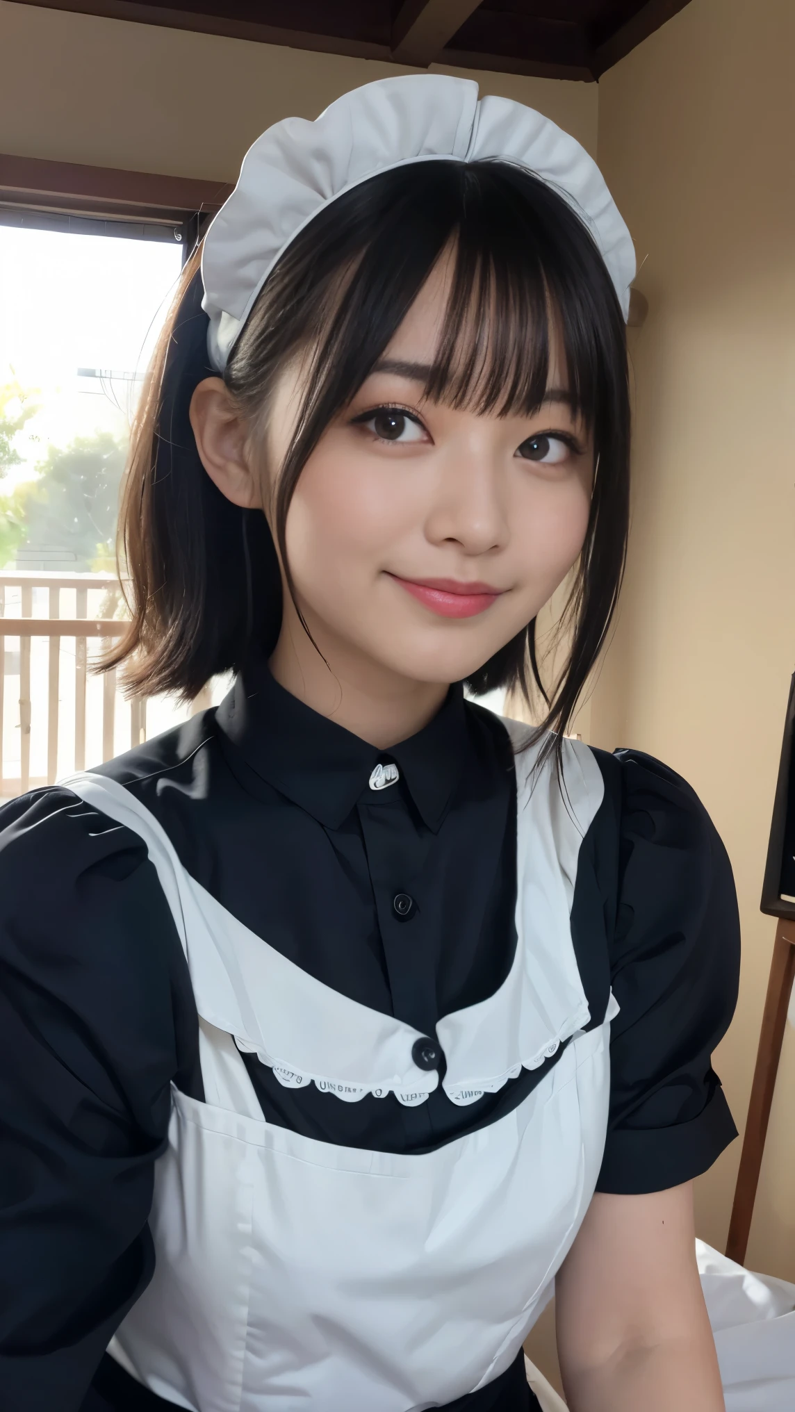 A close up of a woman in a maid outfit posing for a picture - SeaArt AI