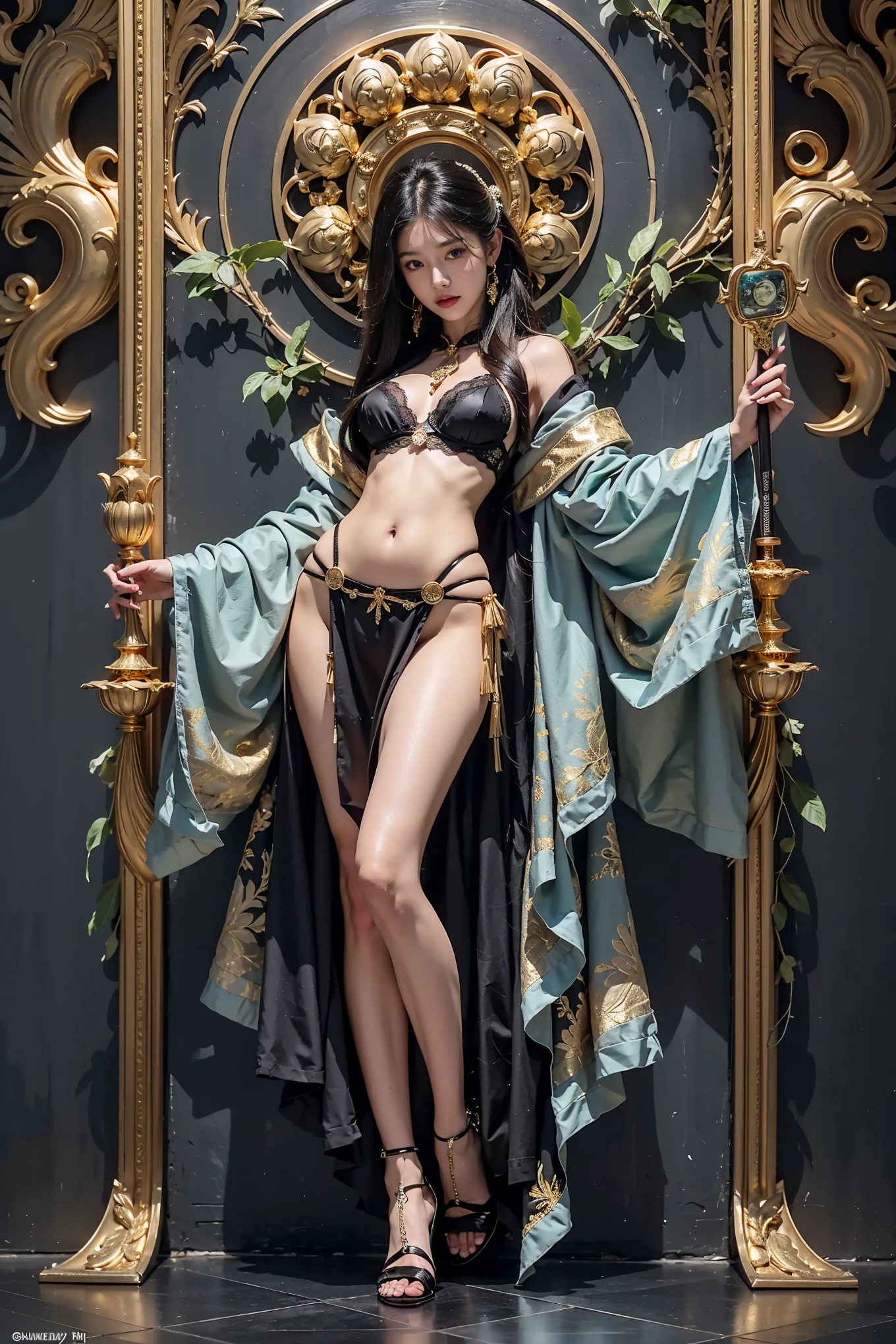 A woman in a black and gold costume posing for a picture - SeaArt AI