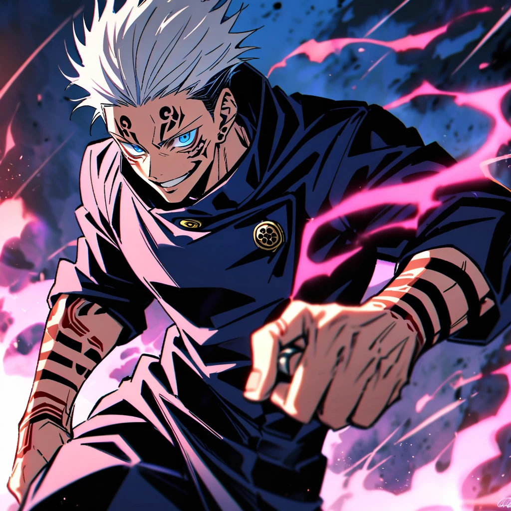 Ryomen Sukuna Jujutsu Kaisen, white hair, Bright blue eyes, wearing ...