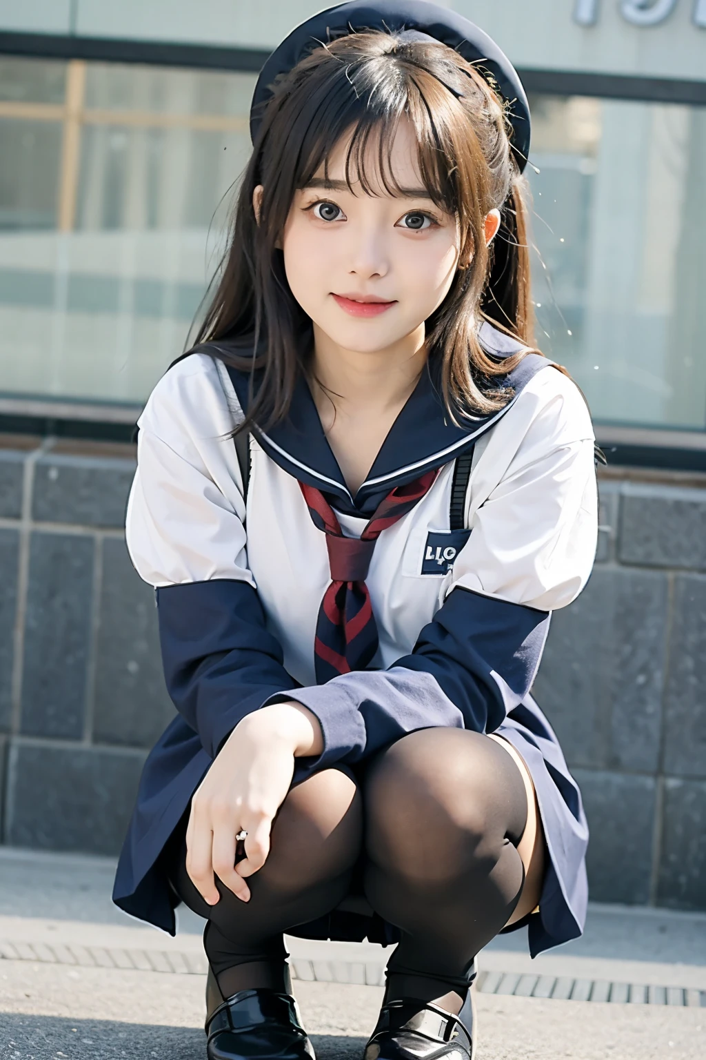 There is a young woman in a uniform squatting on the ground - SeaArt AI