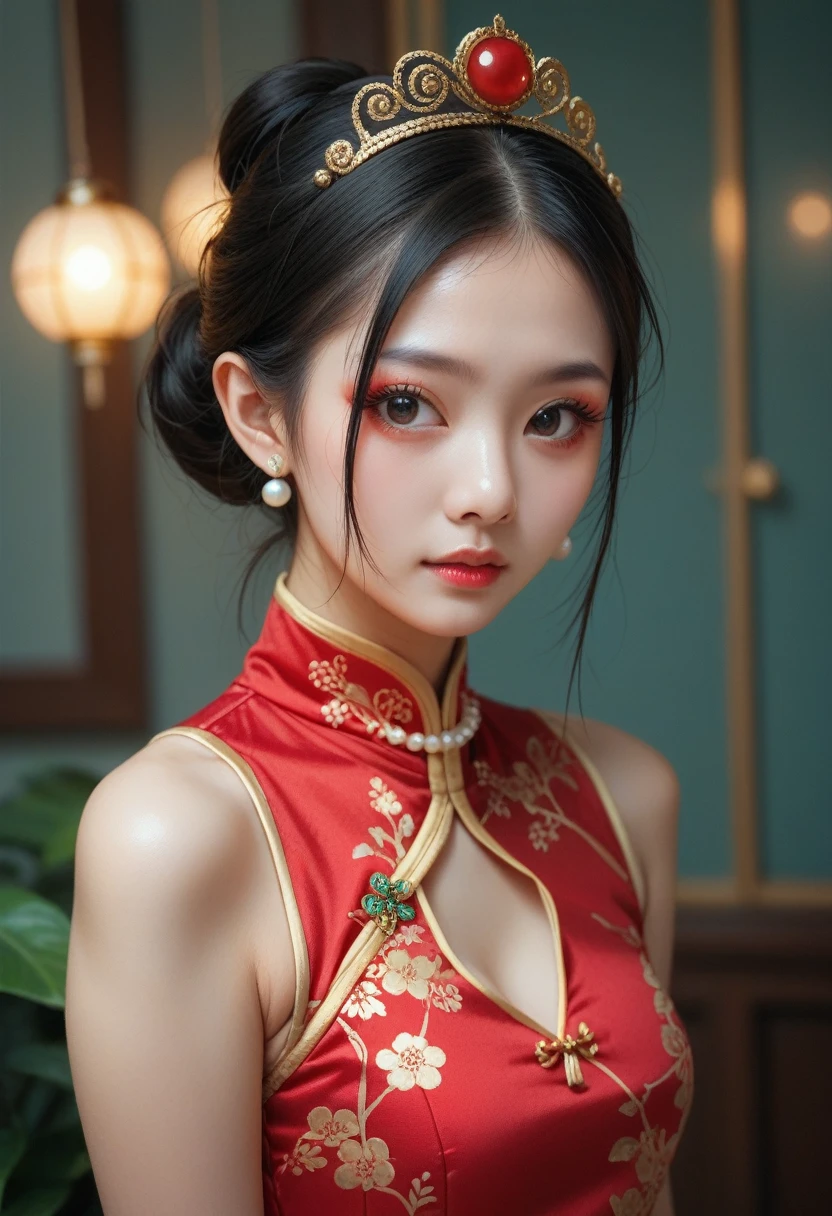 There is a woman in a cheongsam, 2 , 2 , 2 , 3 , delicate makeup ...