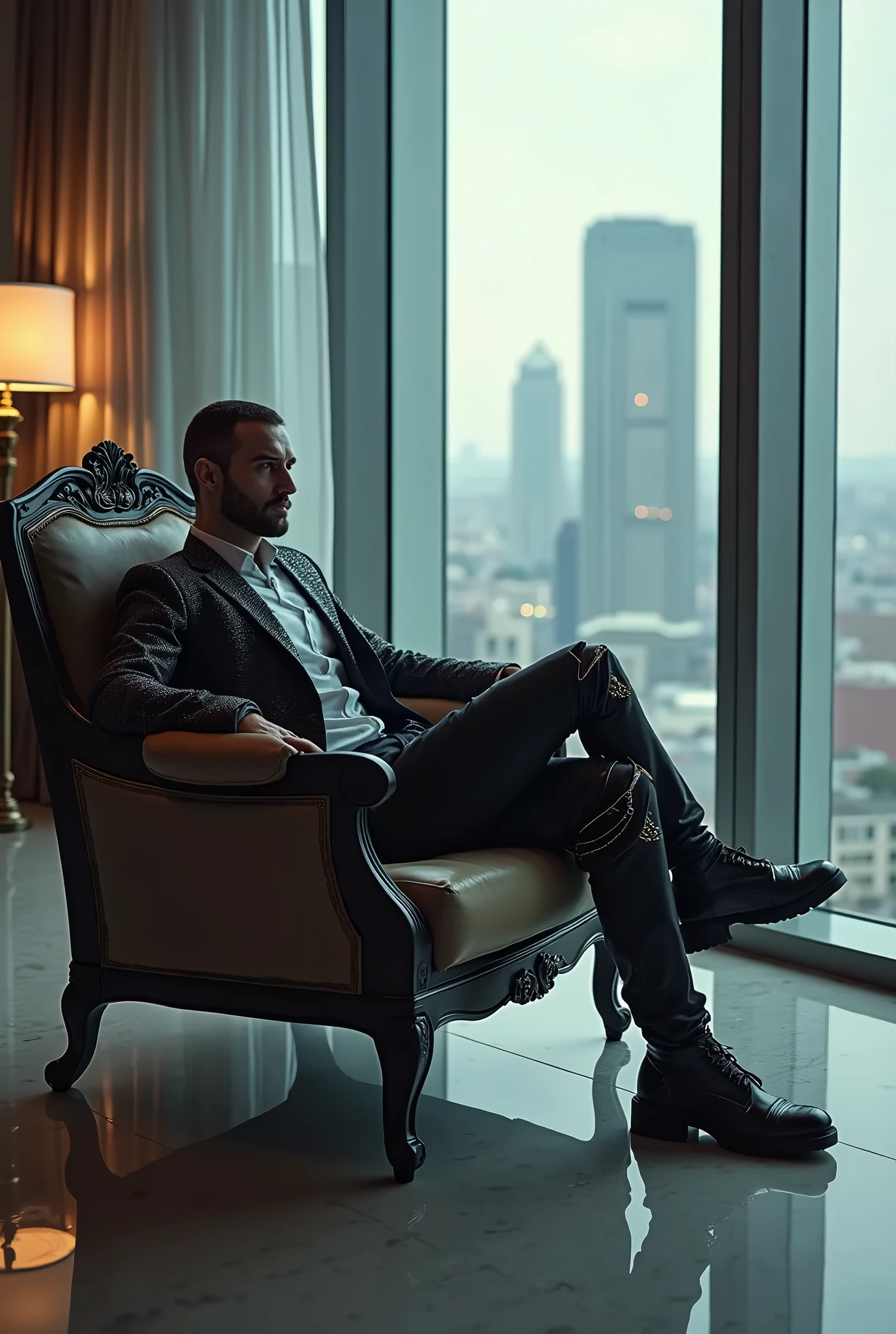 Arafed man sitting in a chair in a room with a view of a city - SeaArt AI