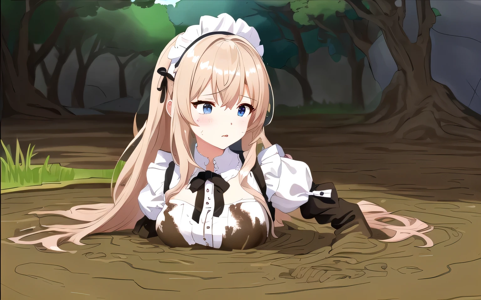 Anime girl in a muddy area with trees and grass - SeaArt AI