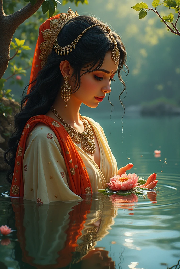 Radha is crying and tears fall, reflection of krishna in lake - SeaArt AI
